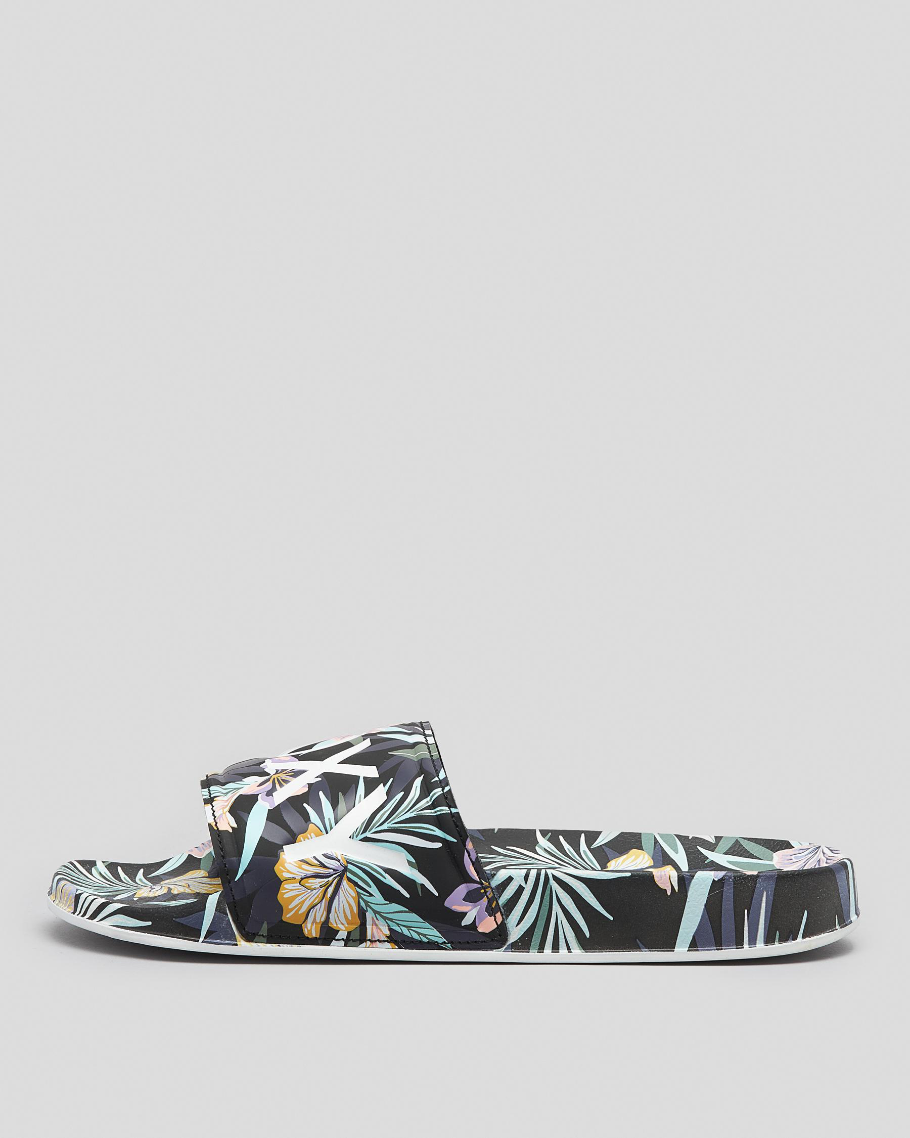 Shop Roxy Womens Roxy Slippy Printed Slide Sandals In Black/deep Purple ...
