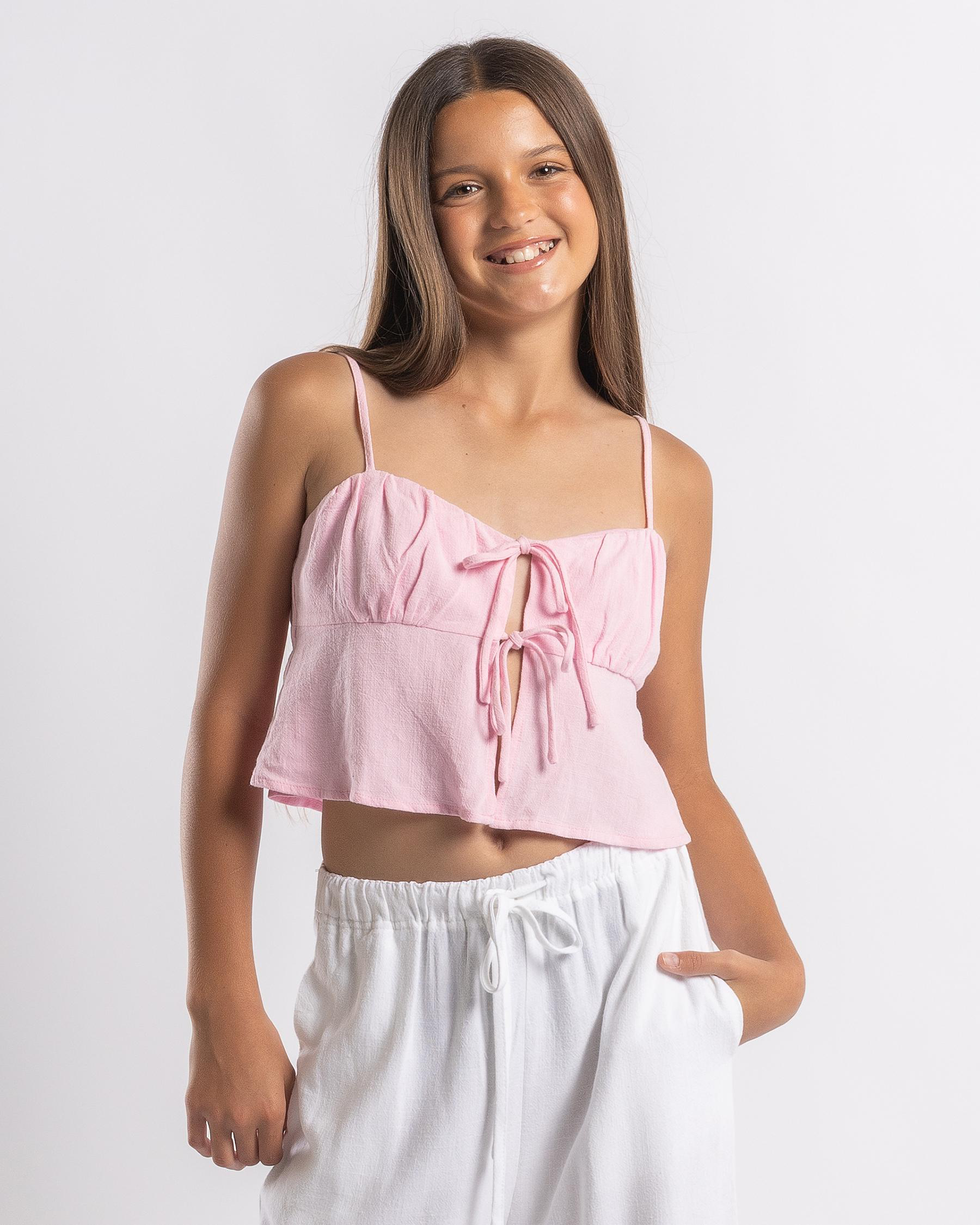 Shop Mooloola Girls' Zelm Dallis Tie Front Top In Baby Pink - Fast ...