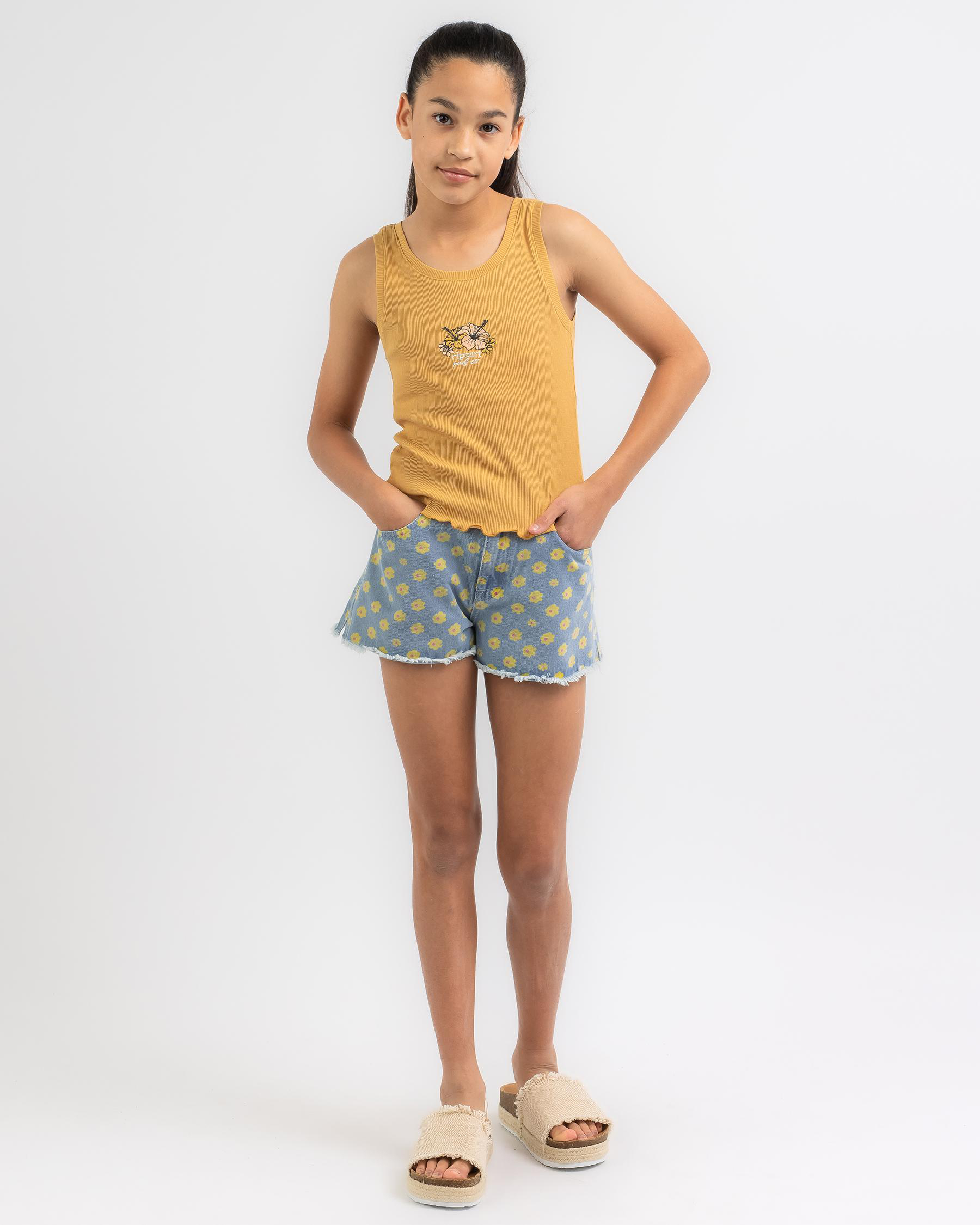Shop Rusty Girl's Daisy Kick Flare Denim Shorts In Sky Blue - Fast ...