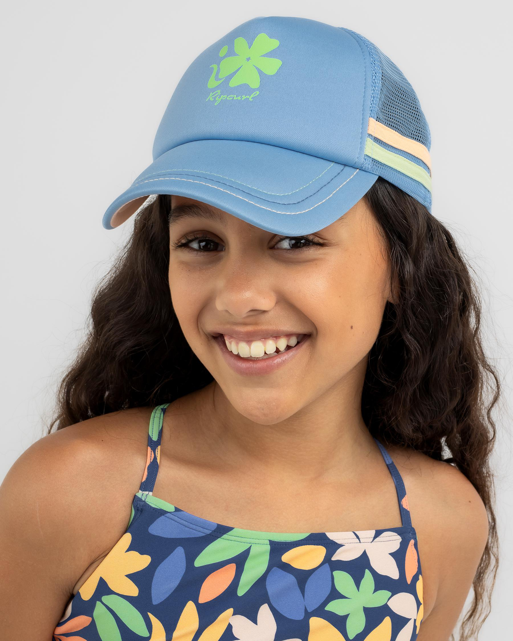 Shop Rip Curl Girls' Holiday Trucker Cap In Mid Blue - Fast Shipping ...