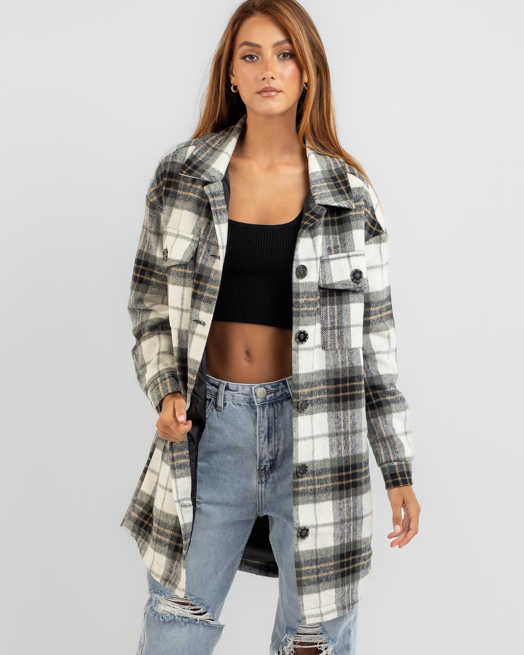 Ava And Ever Roxie Long Shacket In Camel/black - Fast Shipping & Easy ...