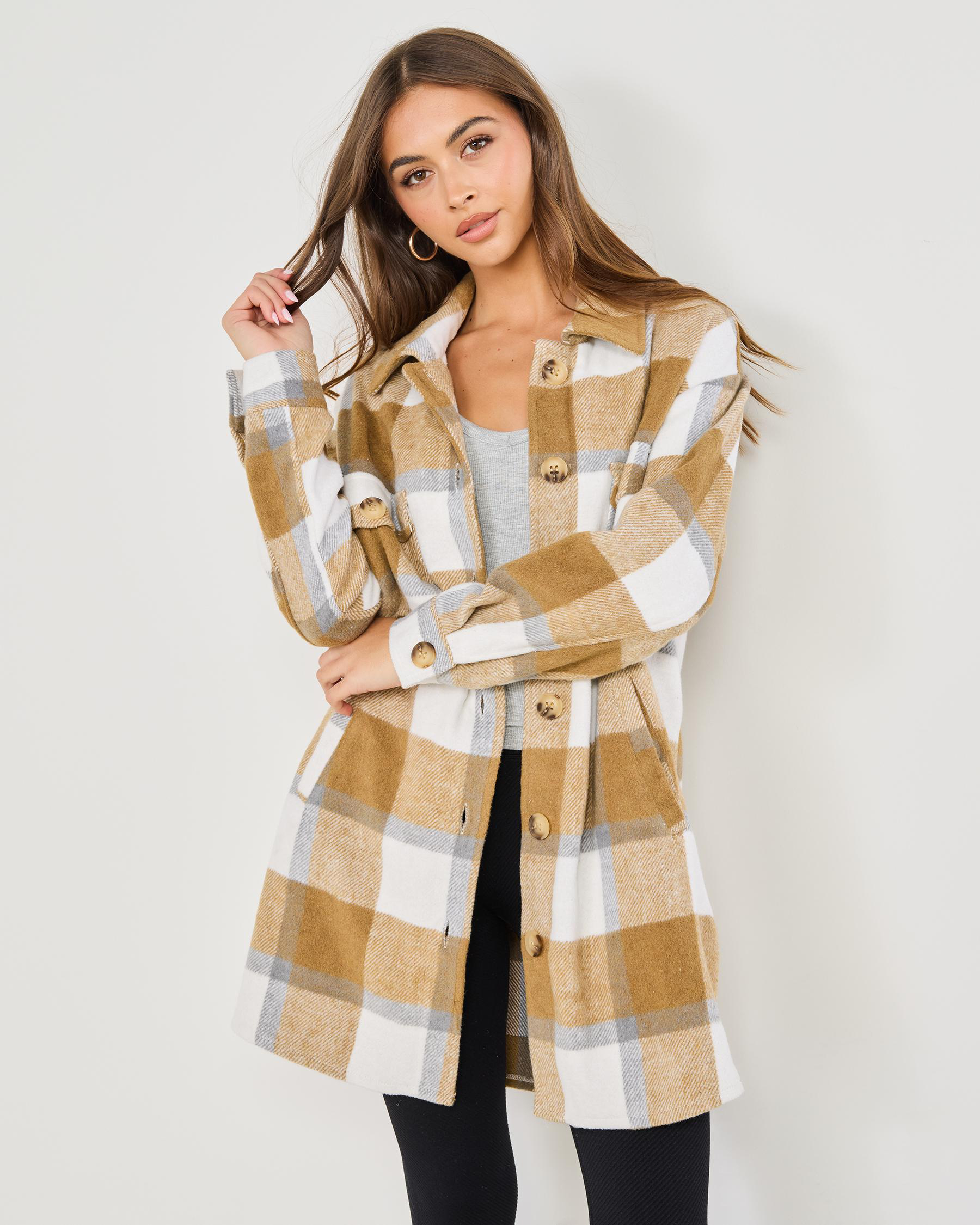 Shop Ava And Ever Arlo Long Shacket In Cream/tan-grey - Fast Shipping ...