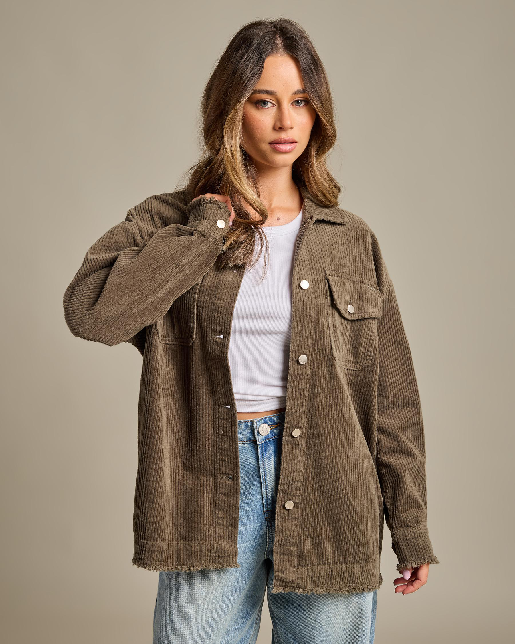 Shop Mooloola Taylor Cord Shacket In Olive - Fast Shipping & Easy ...