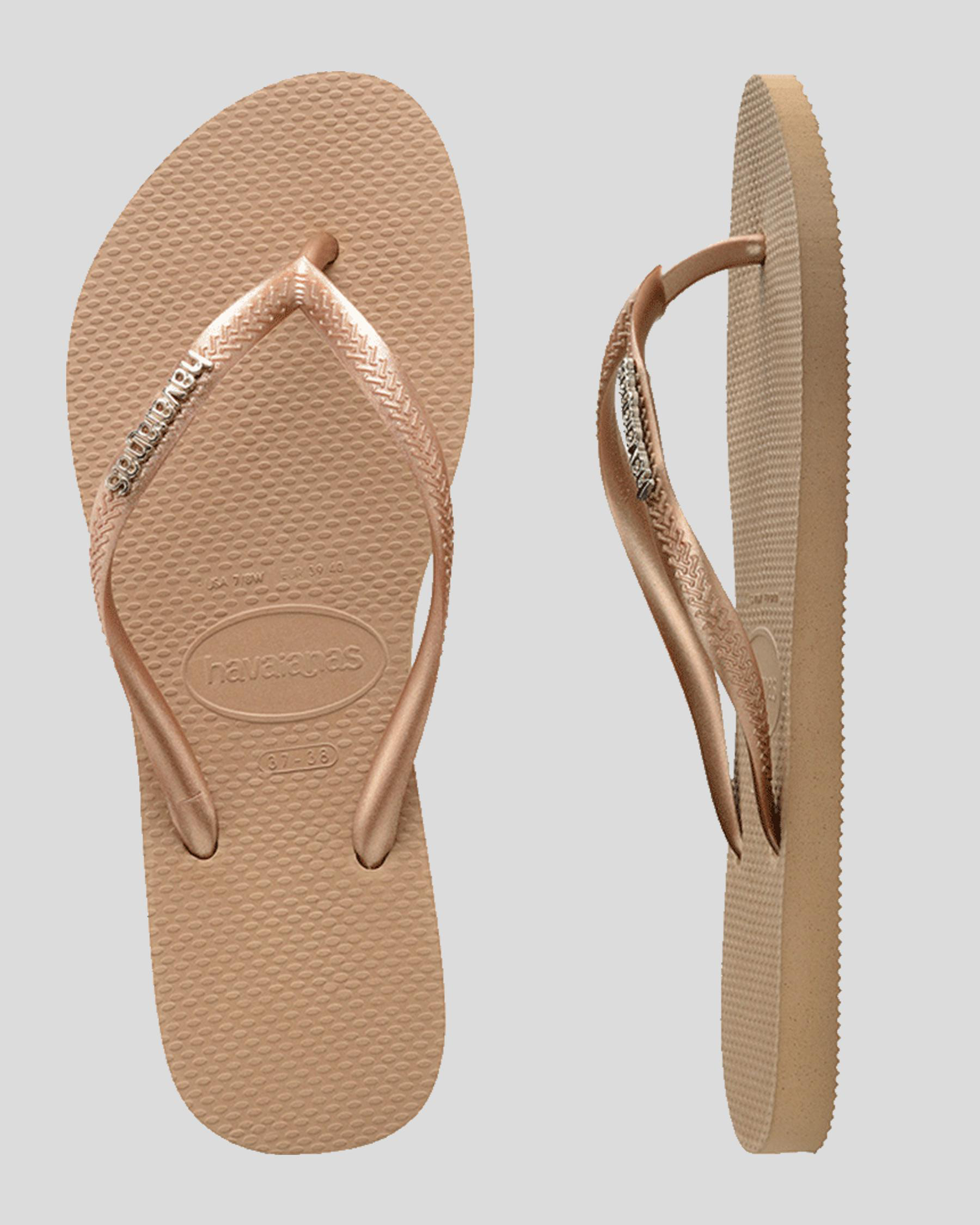 Shop Havaianas Slim Metal Logo Thongs In Rose Gold/rose Gold Silver ...