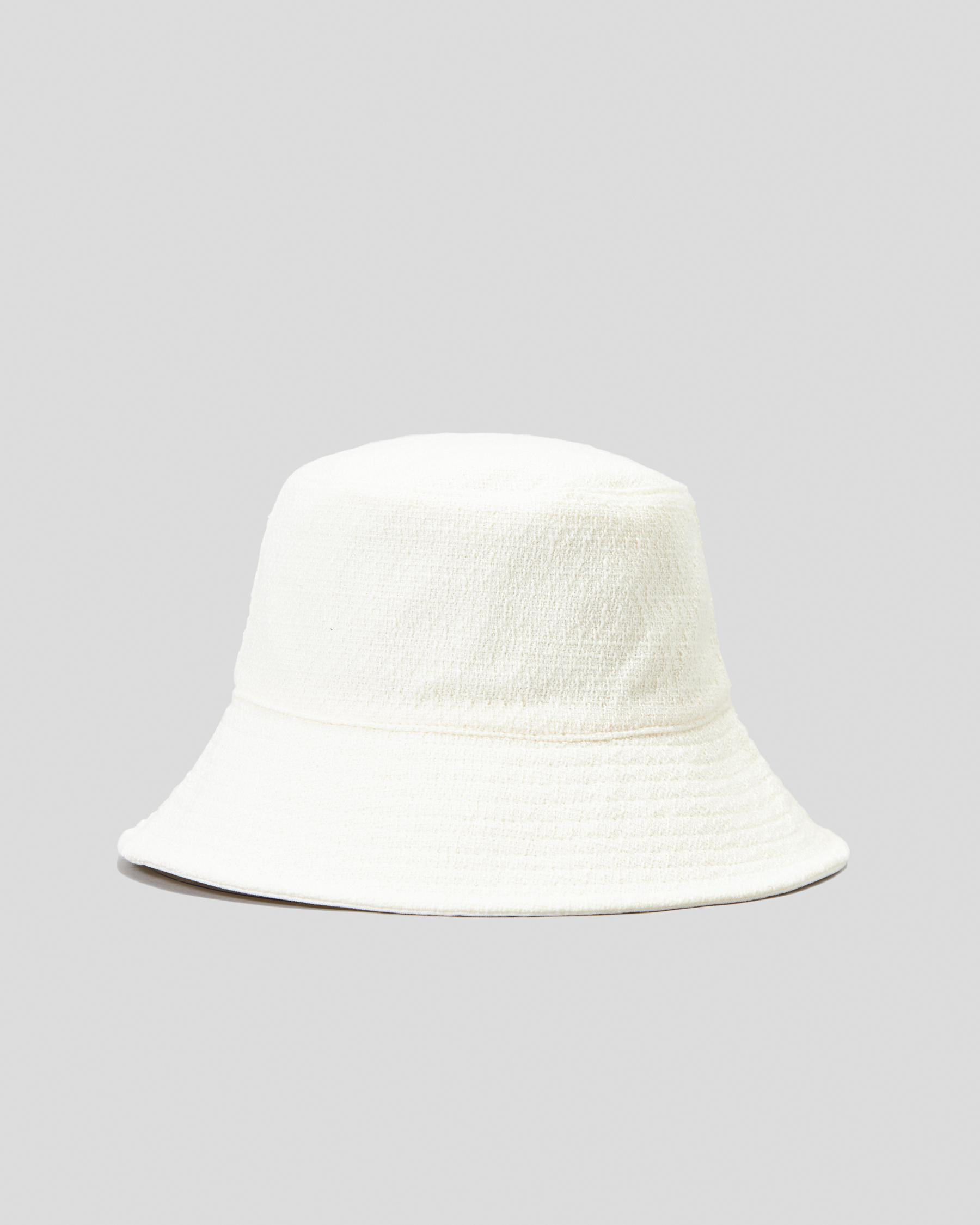 Shop Rusty Bobby Boucle Reversible Bucket Hat In Cream - Fast Shipping ...