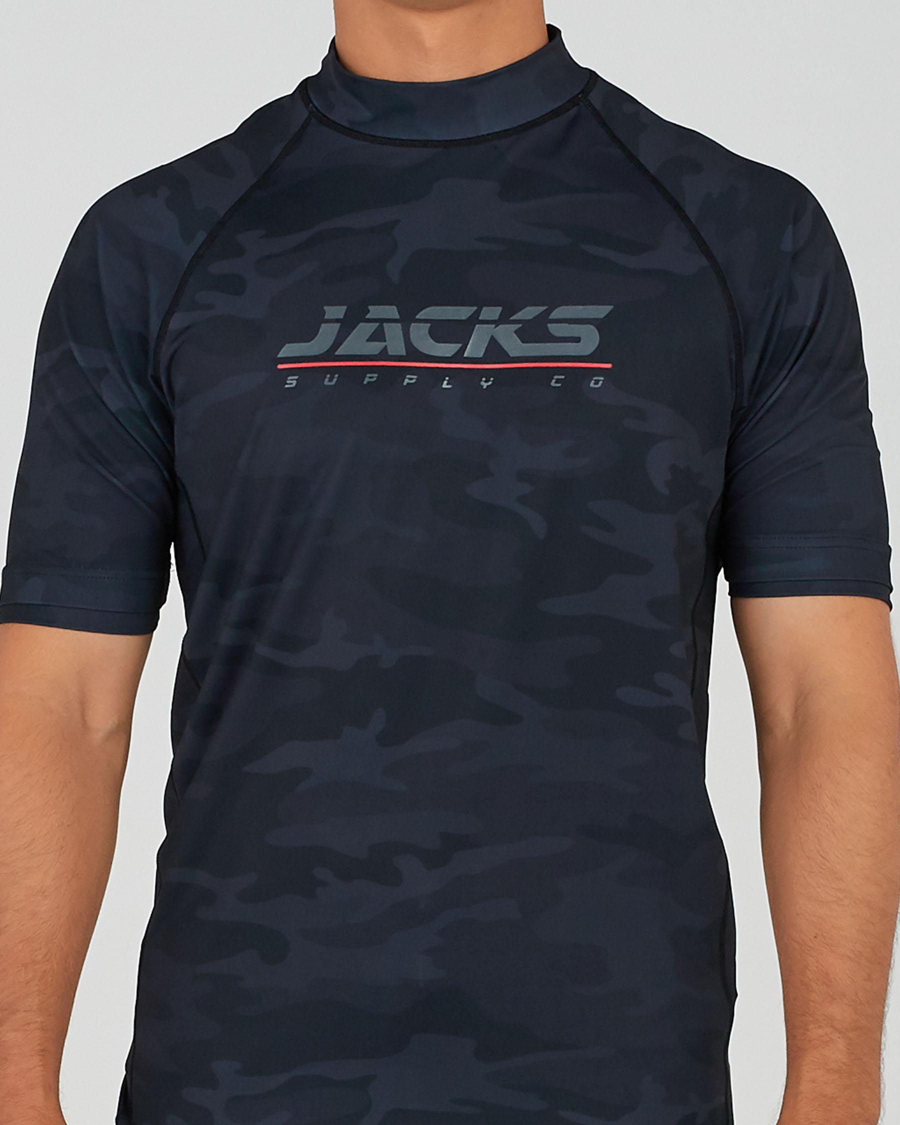 Shop Jacks Laser Short Sleeve Rash Vest In Black Camo - Fast Shipping ...