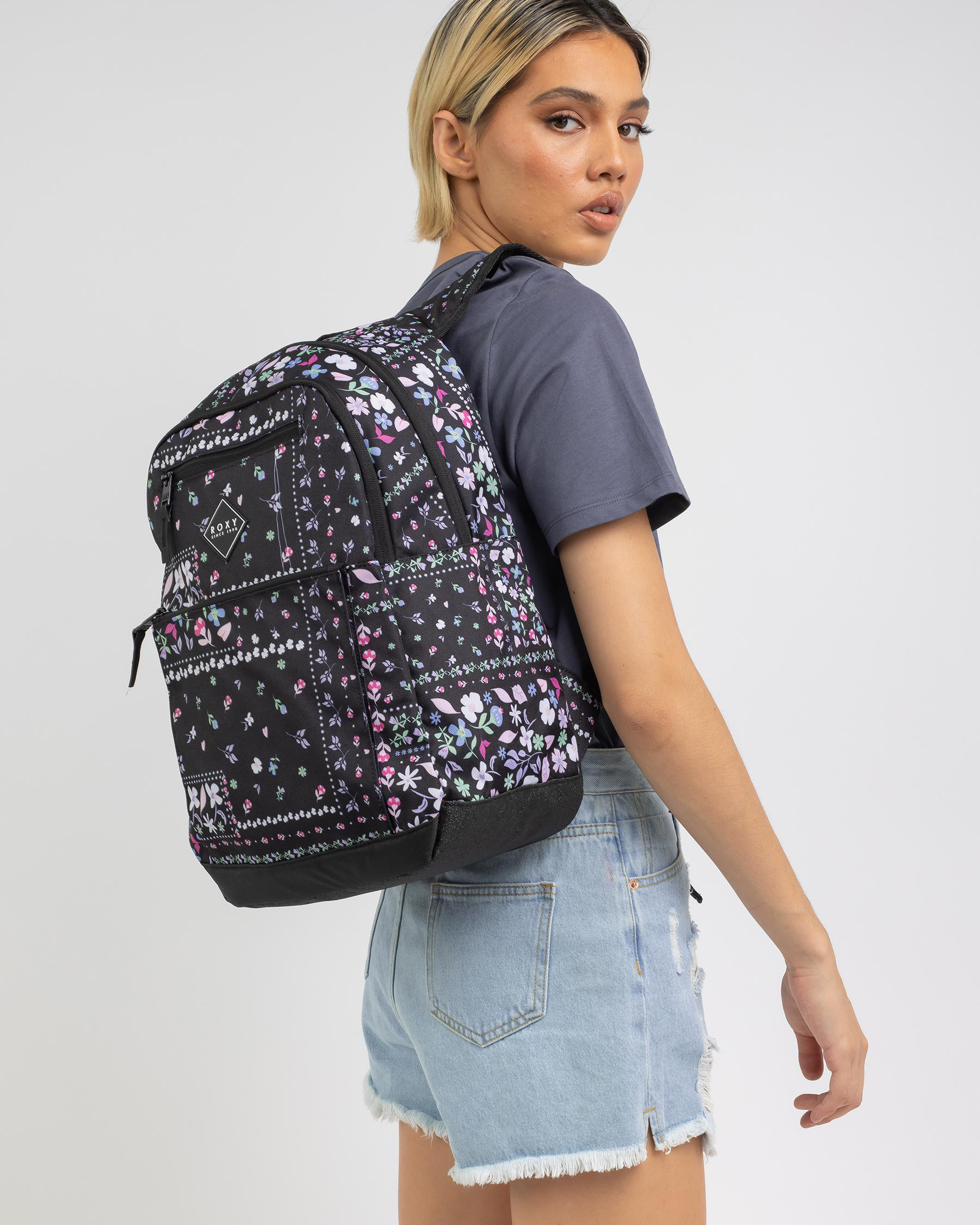 Shop Roxy Here You Are Fitness Backpack In Anthracite Flower Line ...