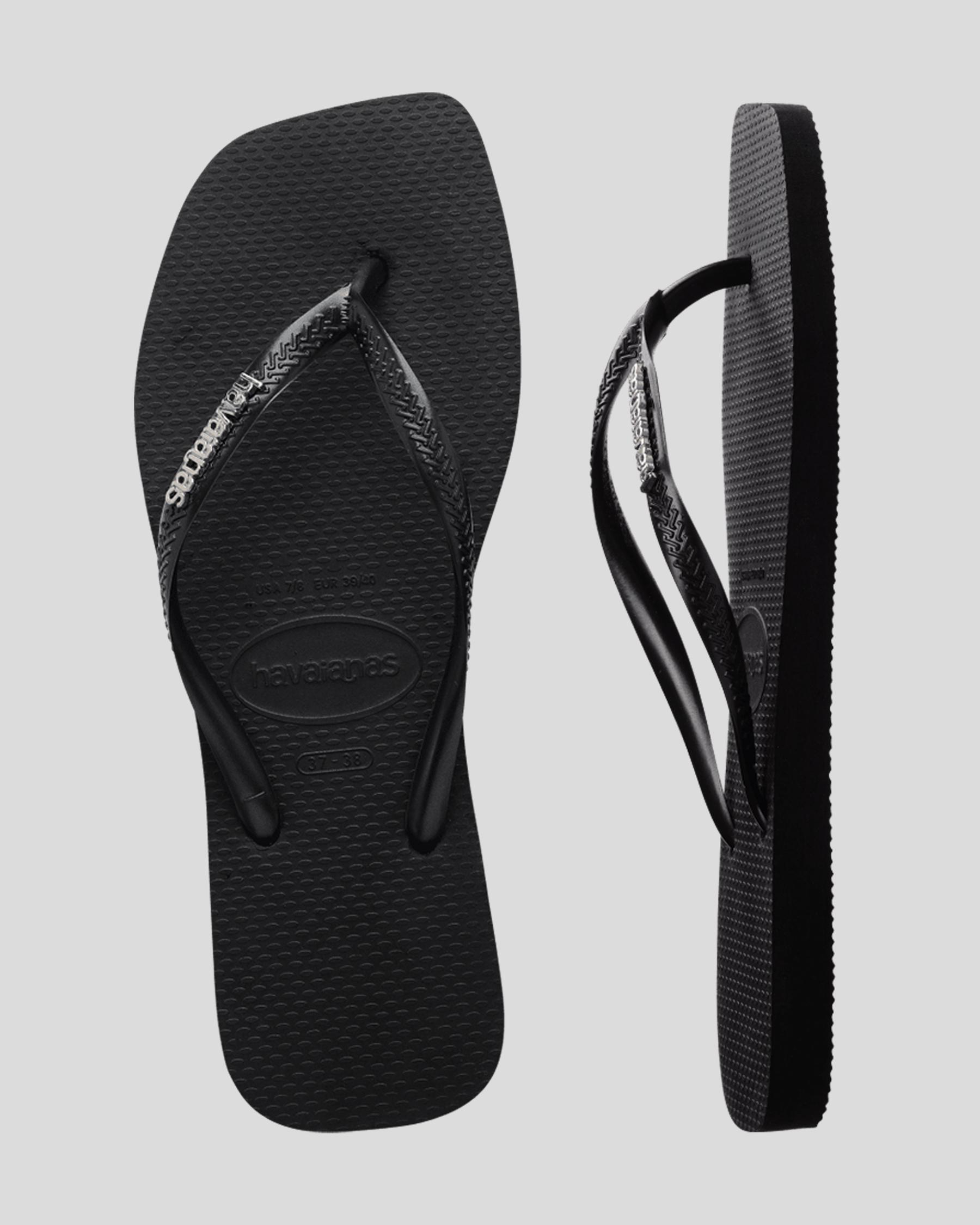 Havaianas Slim Square Metal Logo Thongs In Black/silver - FREE ...
