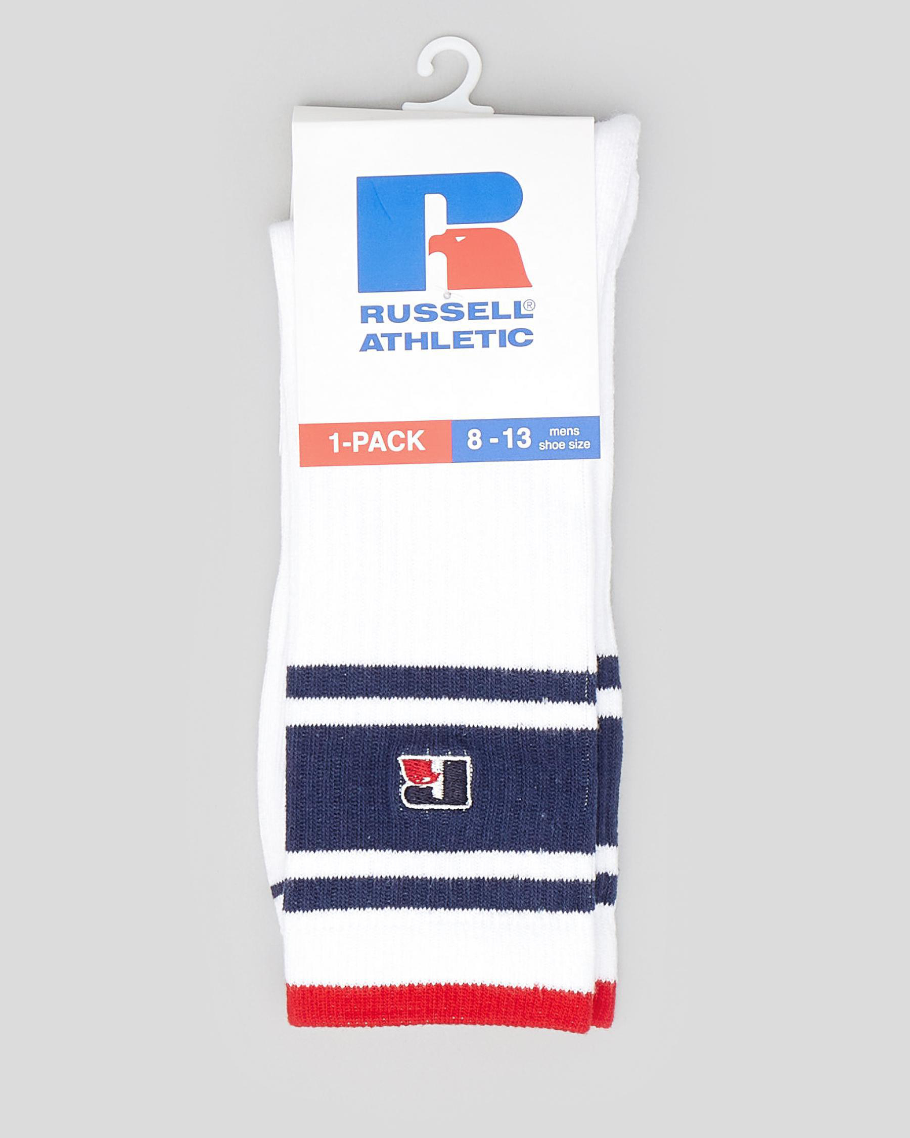 Shop Russell Athletic Atlanta Fashion Single Socks In White/navy - Fast ...