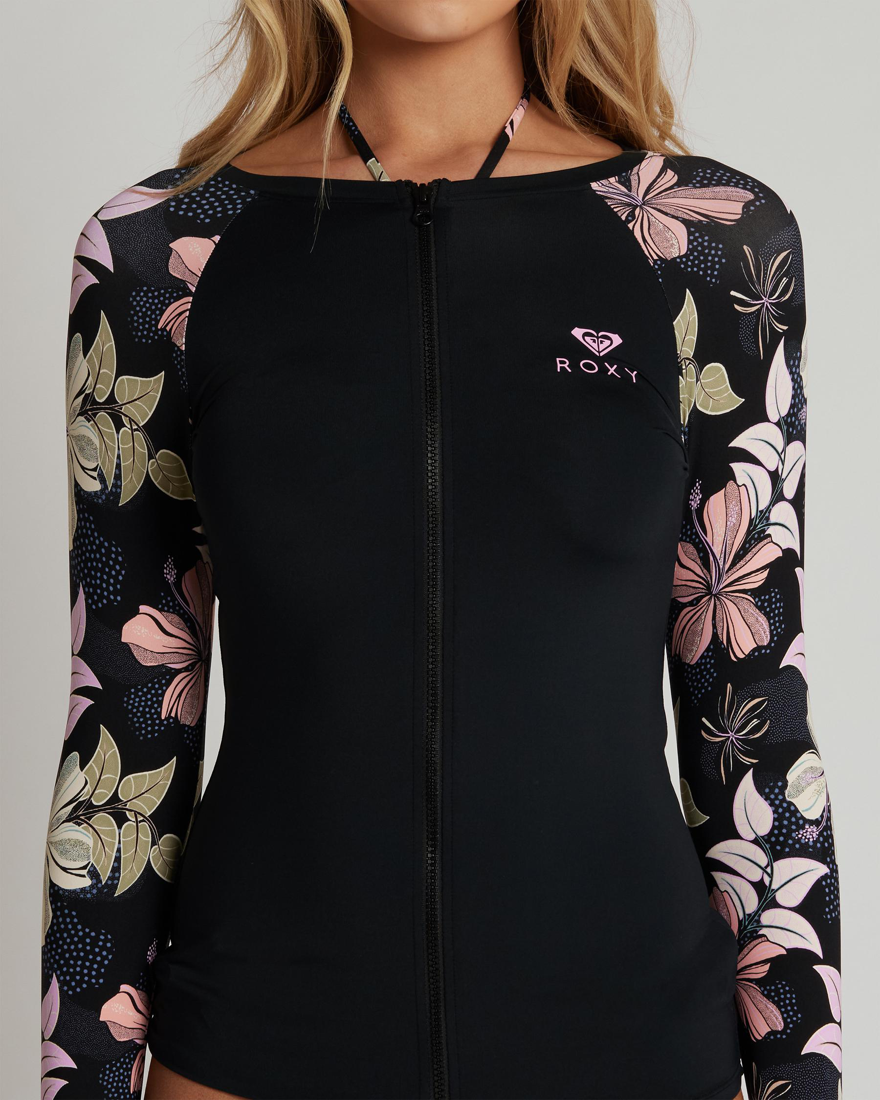 Shop Roxy Sunny Floral Zip Long Sleeve Rash Vest In Anthracite Sunny ...