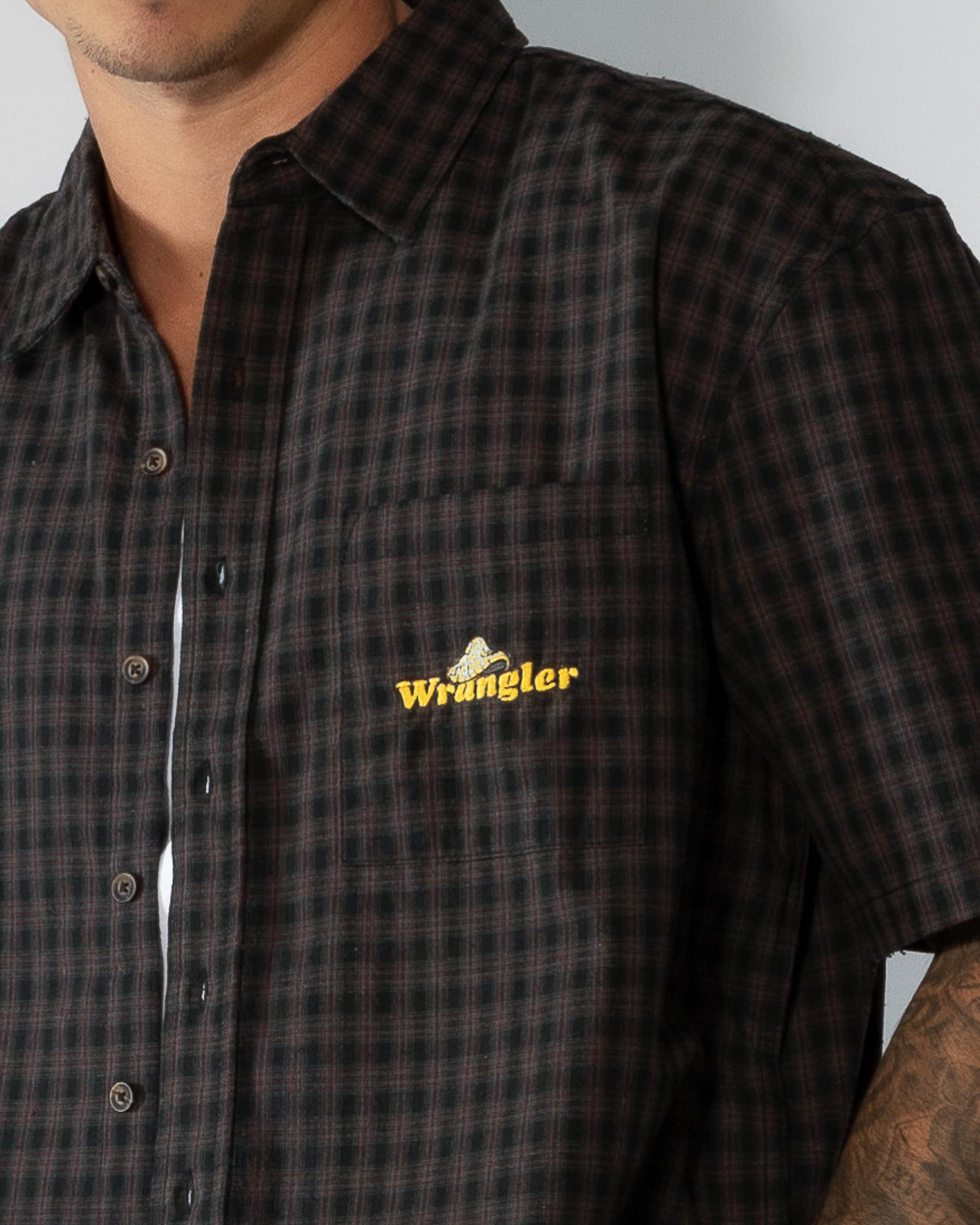 Shop Wrangler Boxcar Short Sleeve Shirt In Black Check - Fast Shipping ...