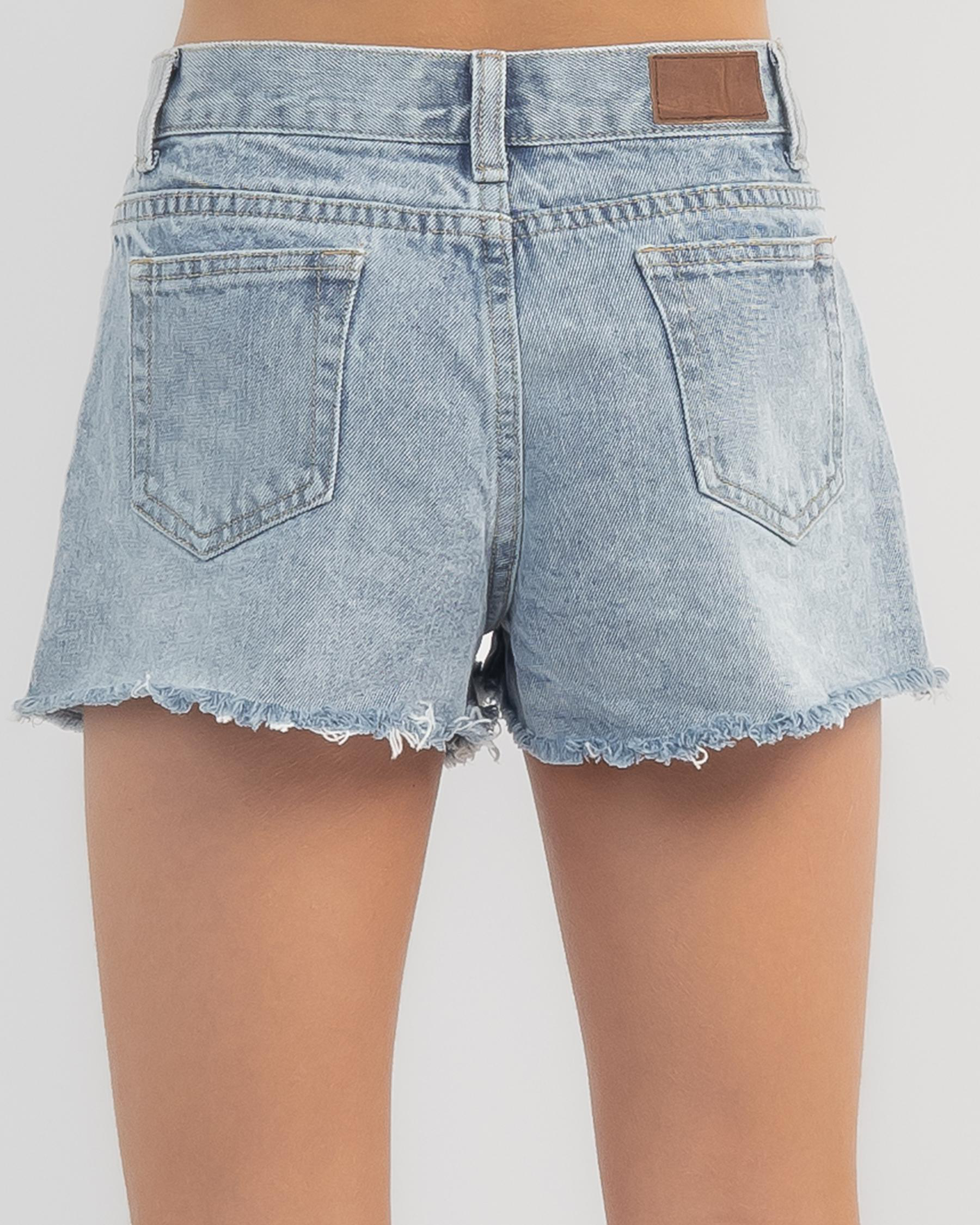 Shop Rusty Girls' Penny Kick Flare Denim Shorts In Sky Blue - Fast ...