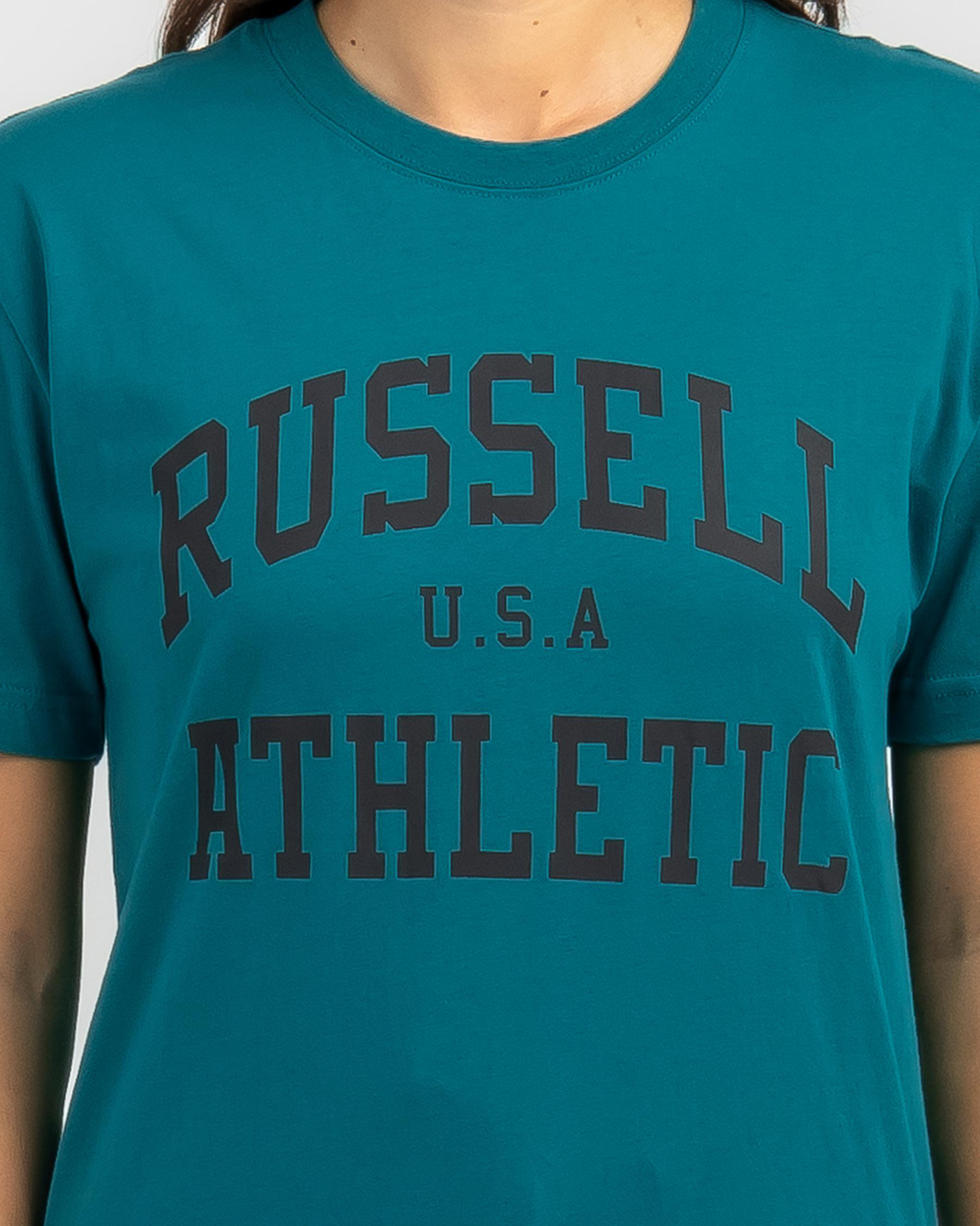 Shop Russell Athletic Arch Logo T-Shirt In Daintree - Fast Shipping ...