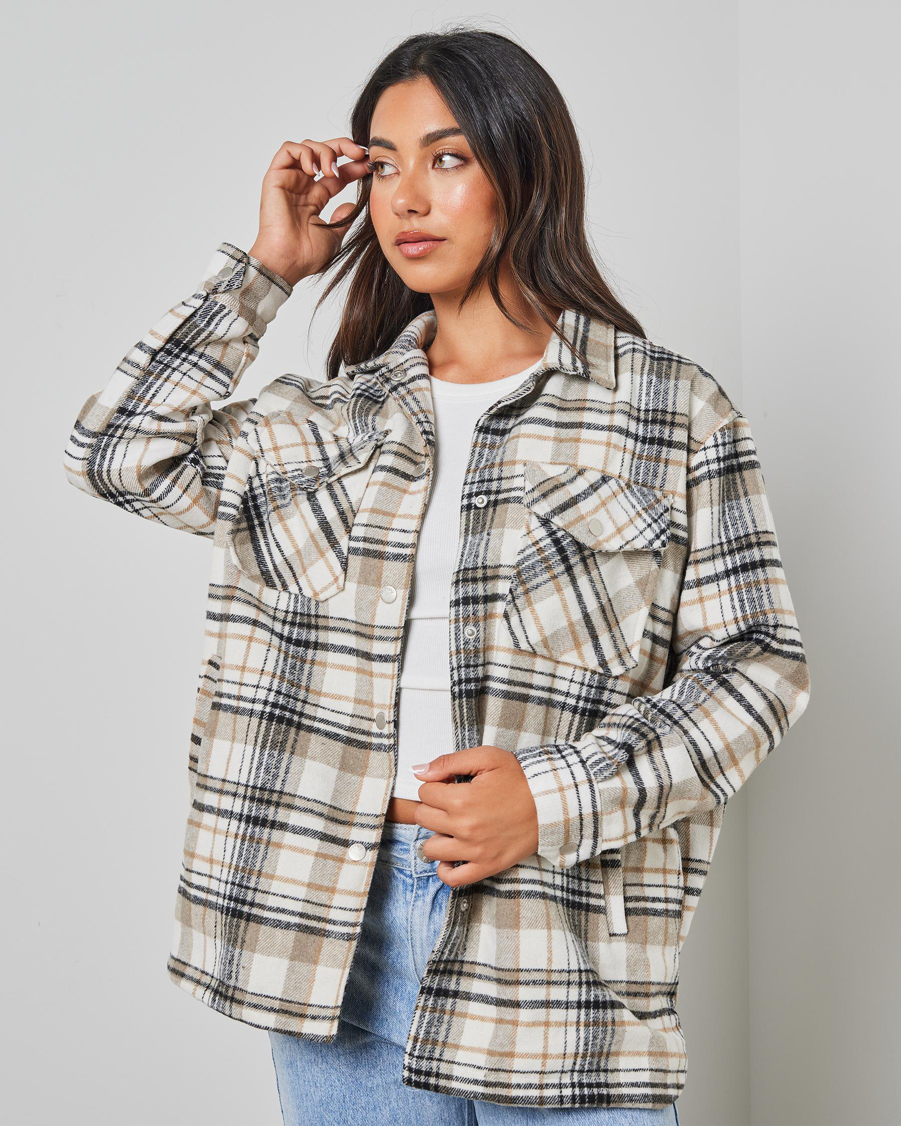 Shop Ava And Ever Wylie Shacket In Cream/blk-tan - Fast Shipping & Easy ...