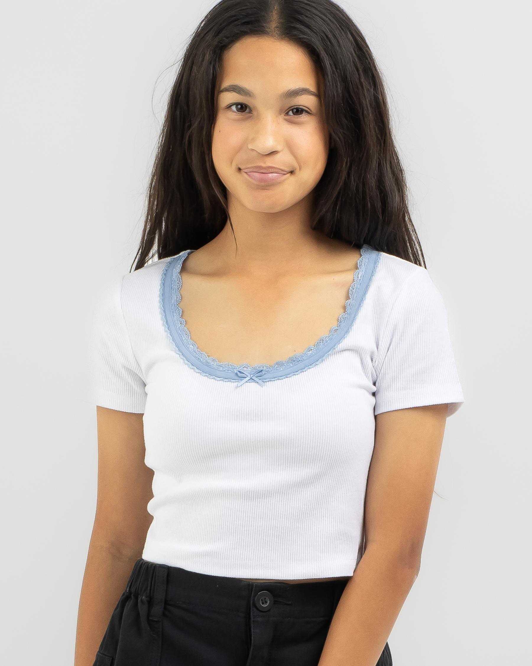 Shop Ava And Ever Girls' Frenchy Basic Rib Baby Tee In White/baby Blue ...