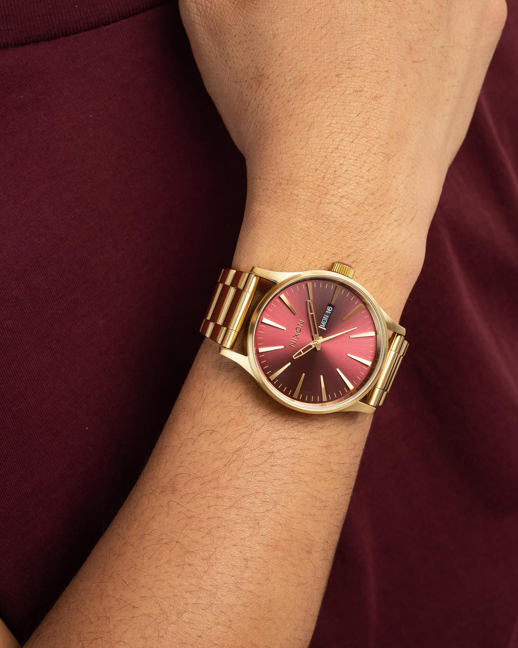 Shop Nixon Sentry SS Watch In Oxblood Sunray / Gold - Fast Shipping ...