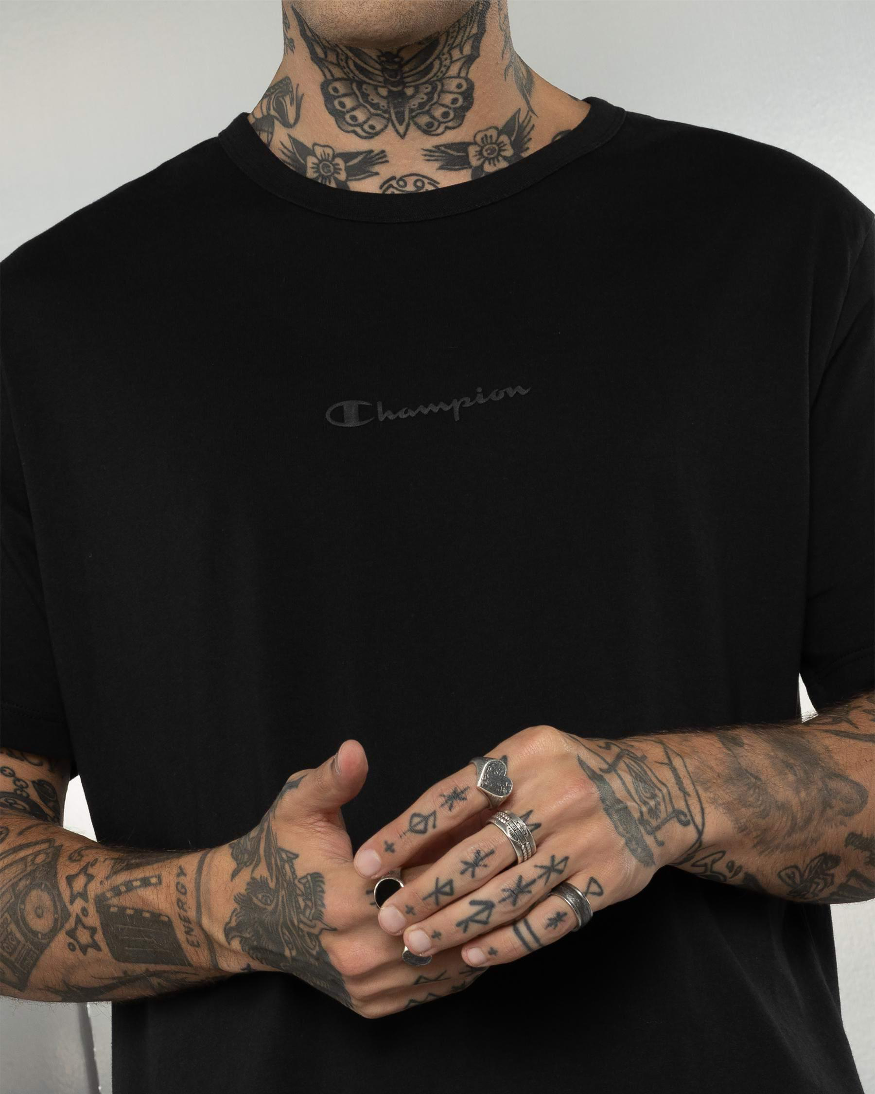 Shop Champion Champion Script Tonal T-Shirt In Black - Fast Shipping ...