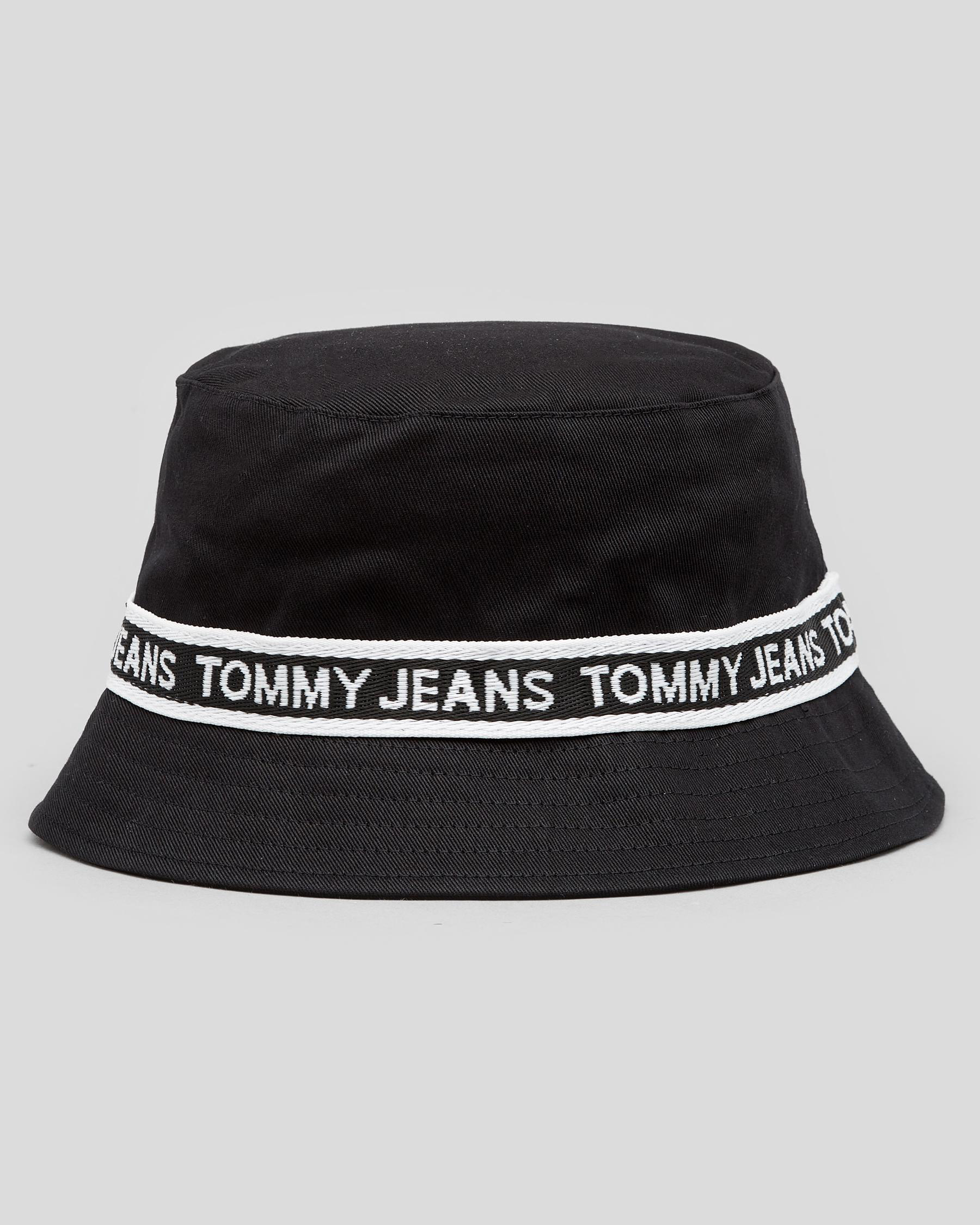 Shop Tommy Hilfiger Mini Logo Tape Bucket Hat In Black - Fast Shipping ...