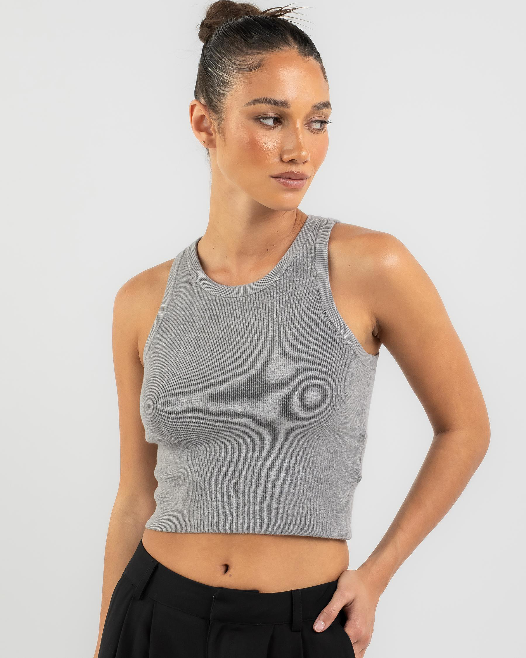 Shop Mooloola Basic Racer Back Knit Top In Grey - Fast Shipping & Easy ...