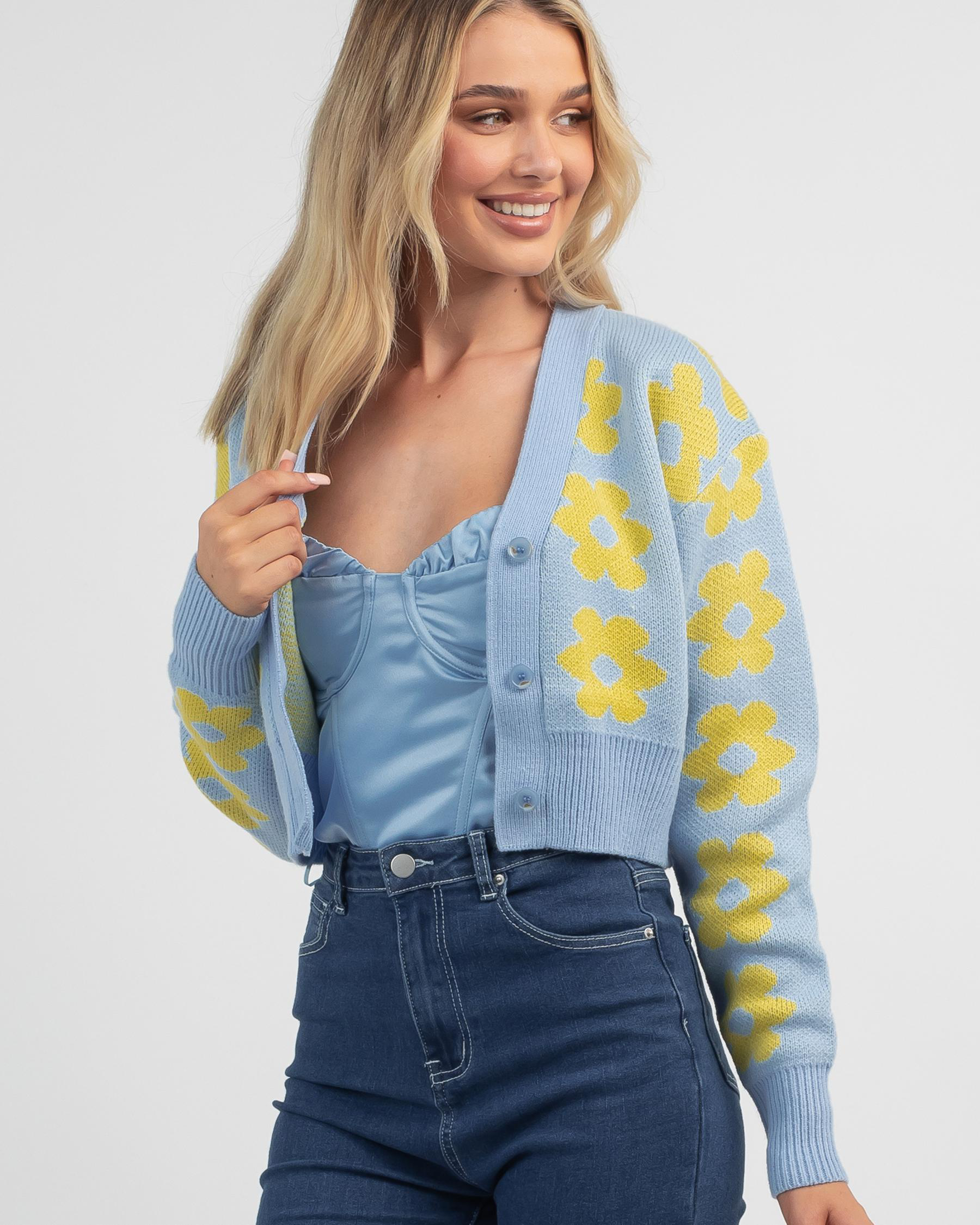 Mooloola Daisy Knit Cardigan In Blue/yellow - FREE* Shipping & Easy ...