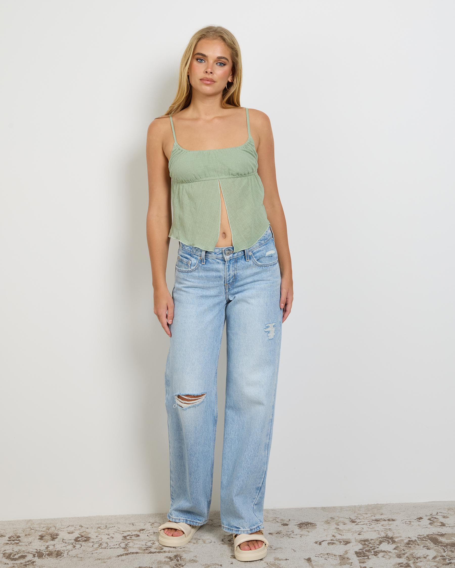 Shop Mooloola Hillary Split Cami Top In Sage - Fast Shipping & Easy ...