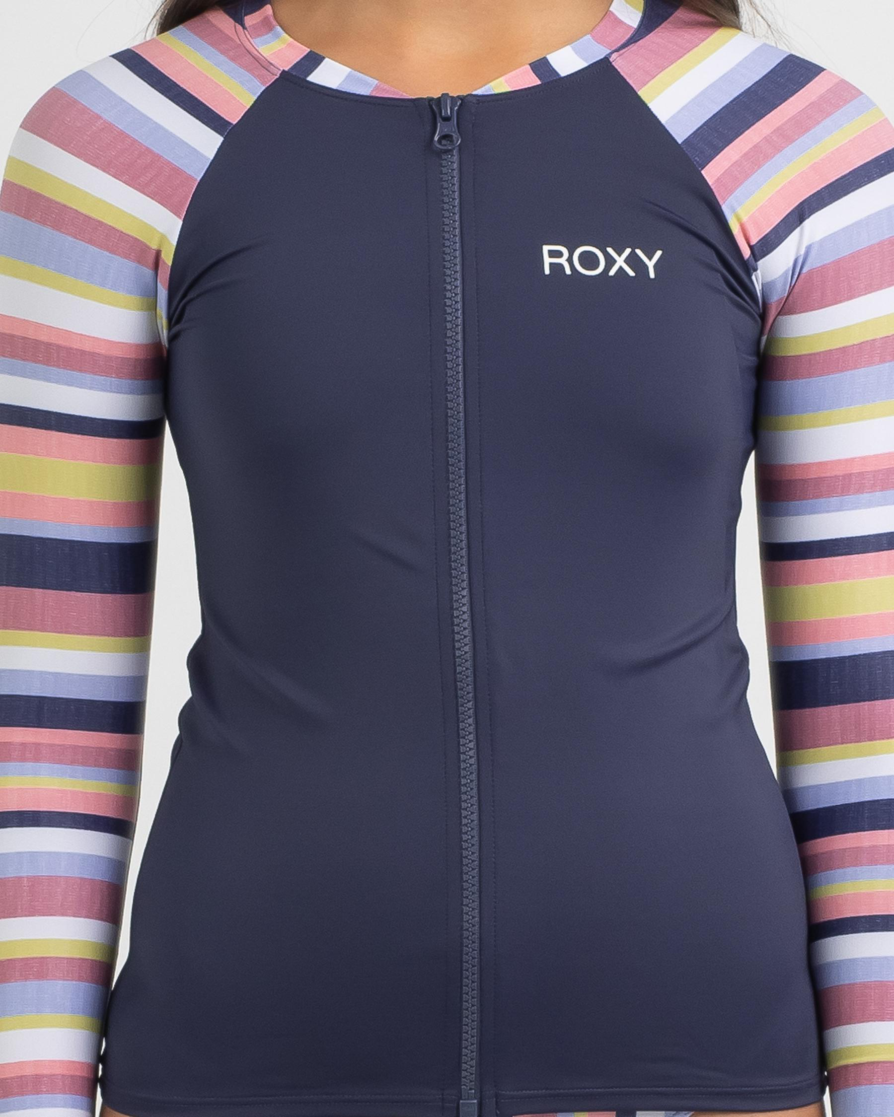 Shop Roxy Girls' Lovely Shine Long Sleeve Zip Rash Vest In Heather Rose ...