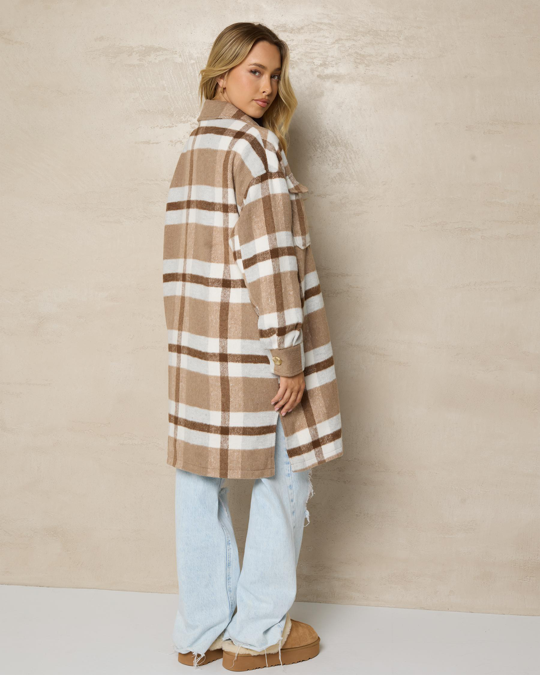 Shop Ava And Ever Andy Long Shacket In White/tan-choc - Fast Shipping ...