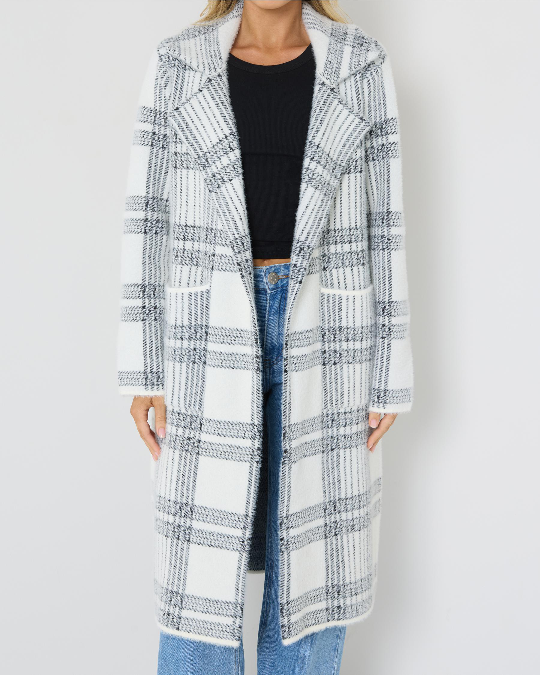 Shop Ava And Ever Banks Knit Coatigan In Cream/black Check - Fast ...