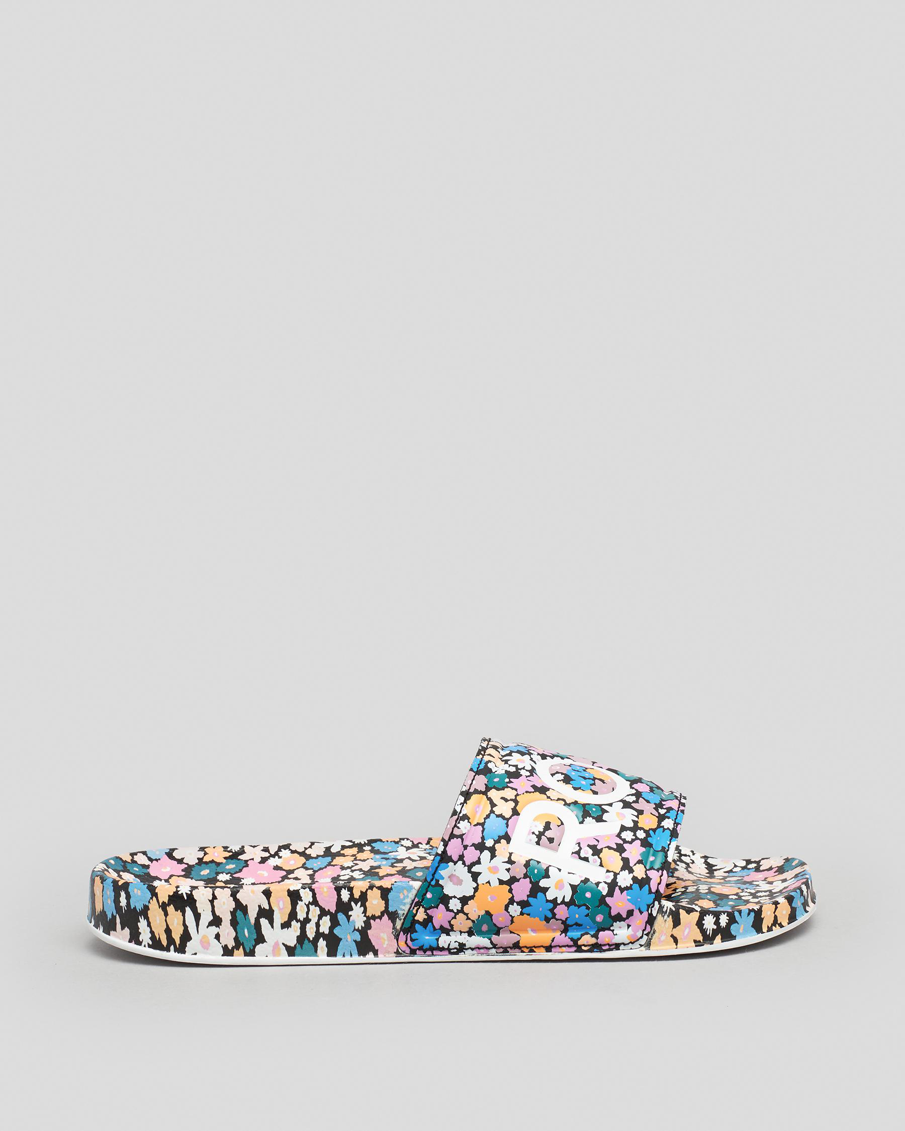 Shop Roxy Girls' Slippy Printed Slide Sandals In Black/floral - Fast ...