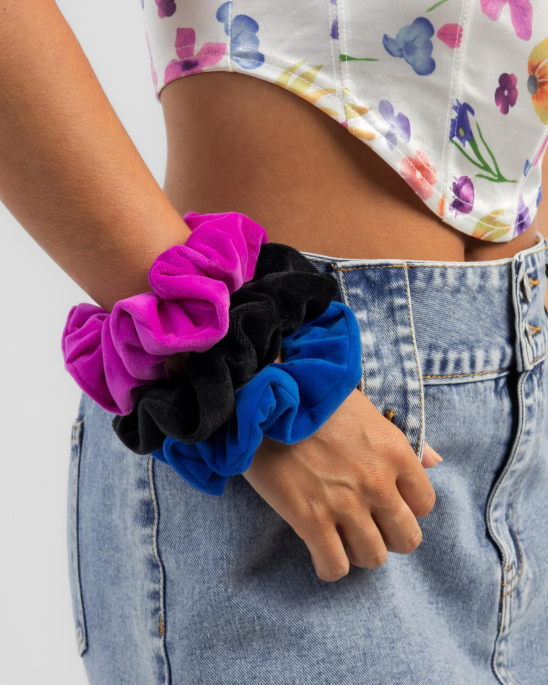 Shop Karyn In LA Velvet Scrunchie Pack In Cobalt/black/purple - Fast ...