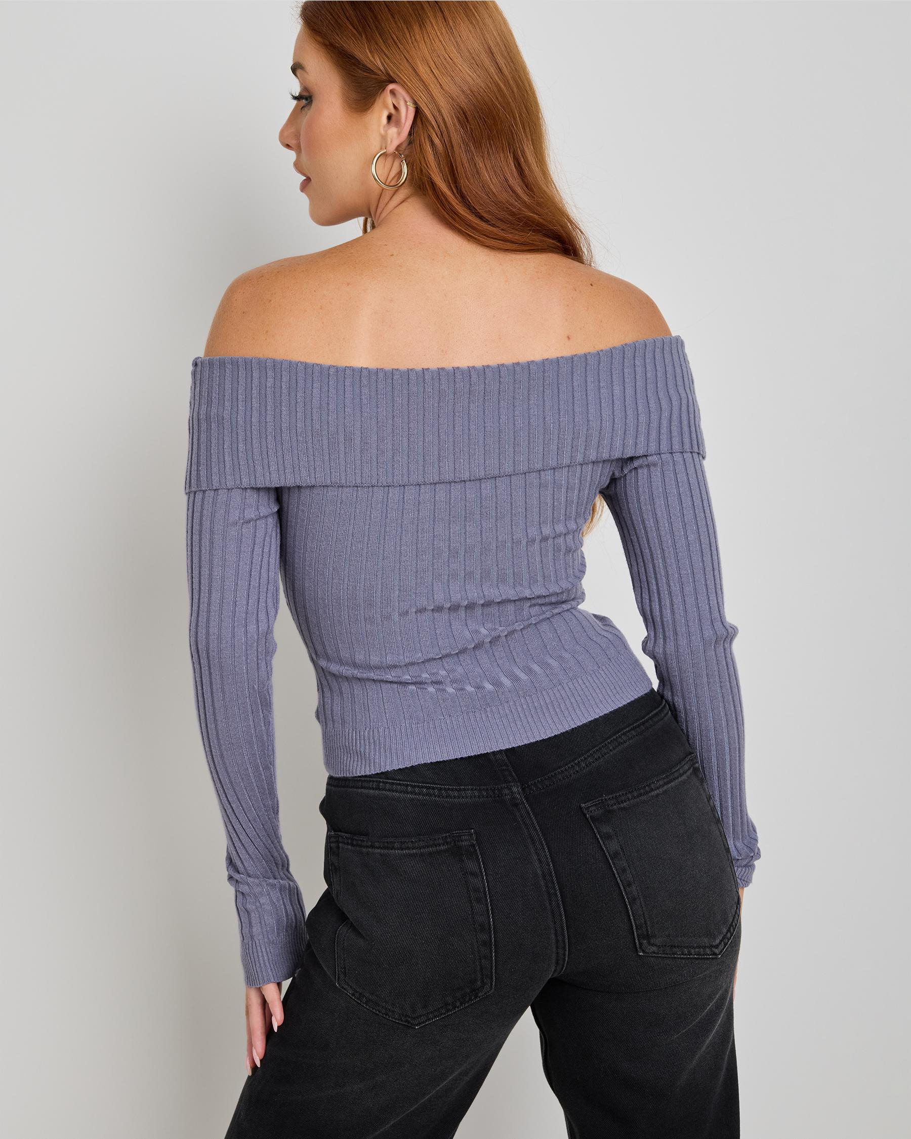 Shop Ava And Ever Ari Off Shoulder Knit Top In Steel Blue - Fast ...
