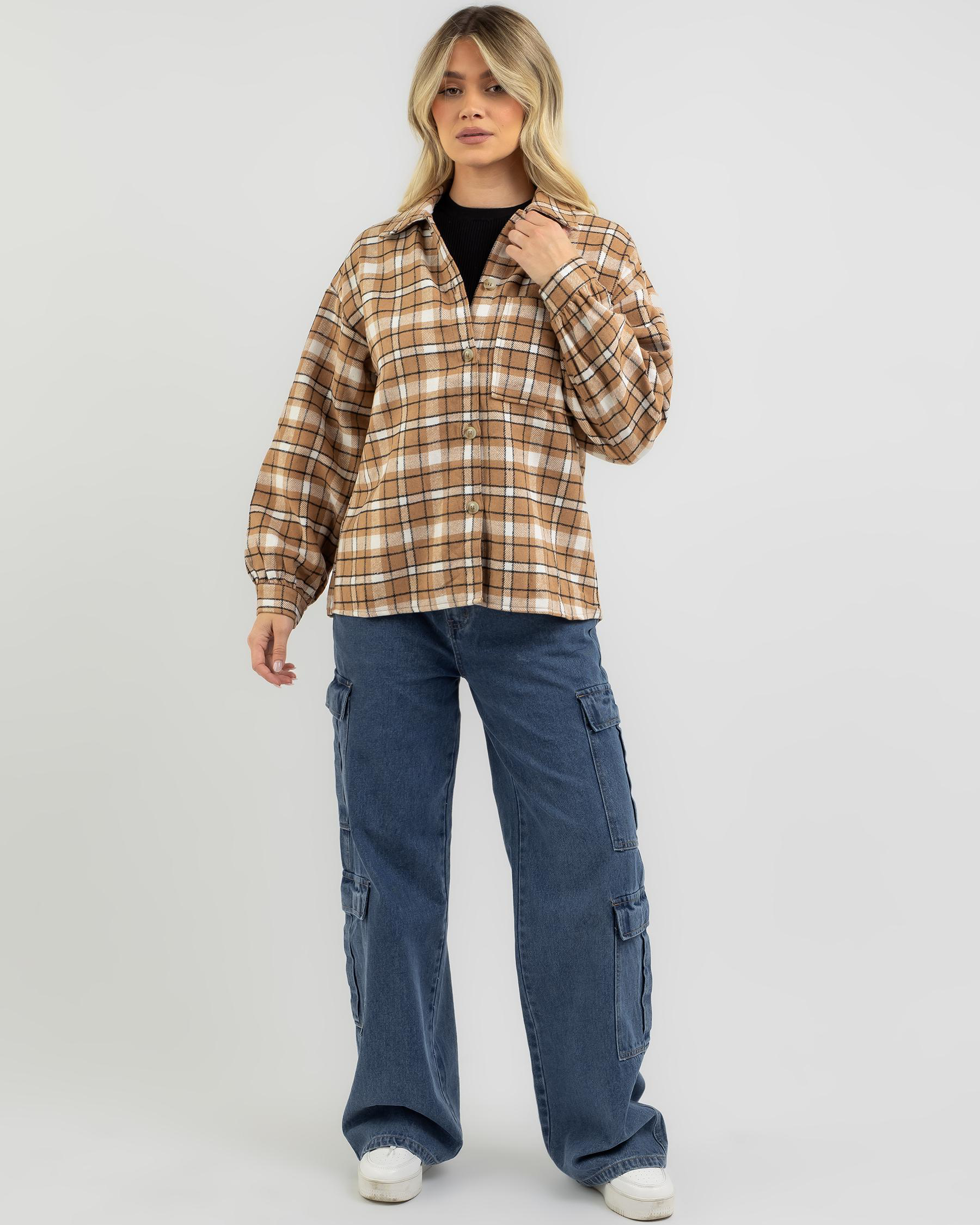 Shop Ava And Ever Toronto Flannel Long Sleeve Shirt In Beige Check ...