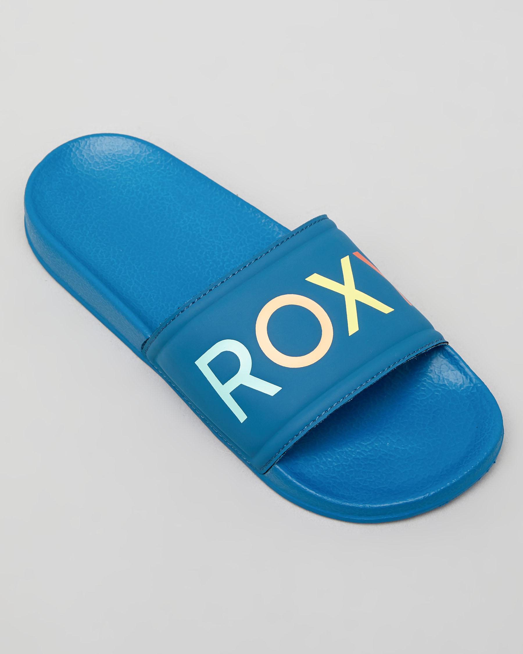 Shop Roxy Girls' Roxy Slippy Slide Sandals In Ink Blue - Fast Shipping ...