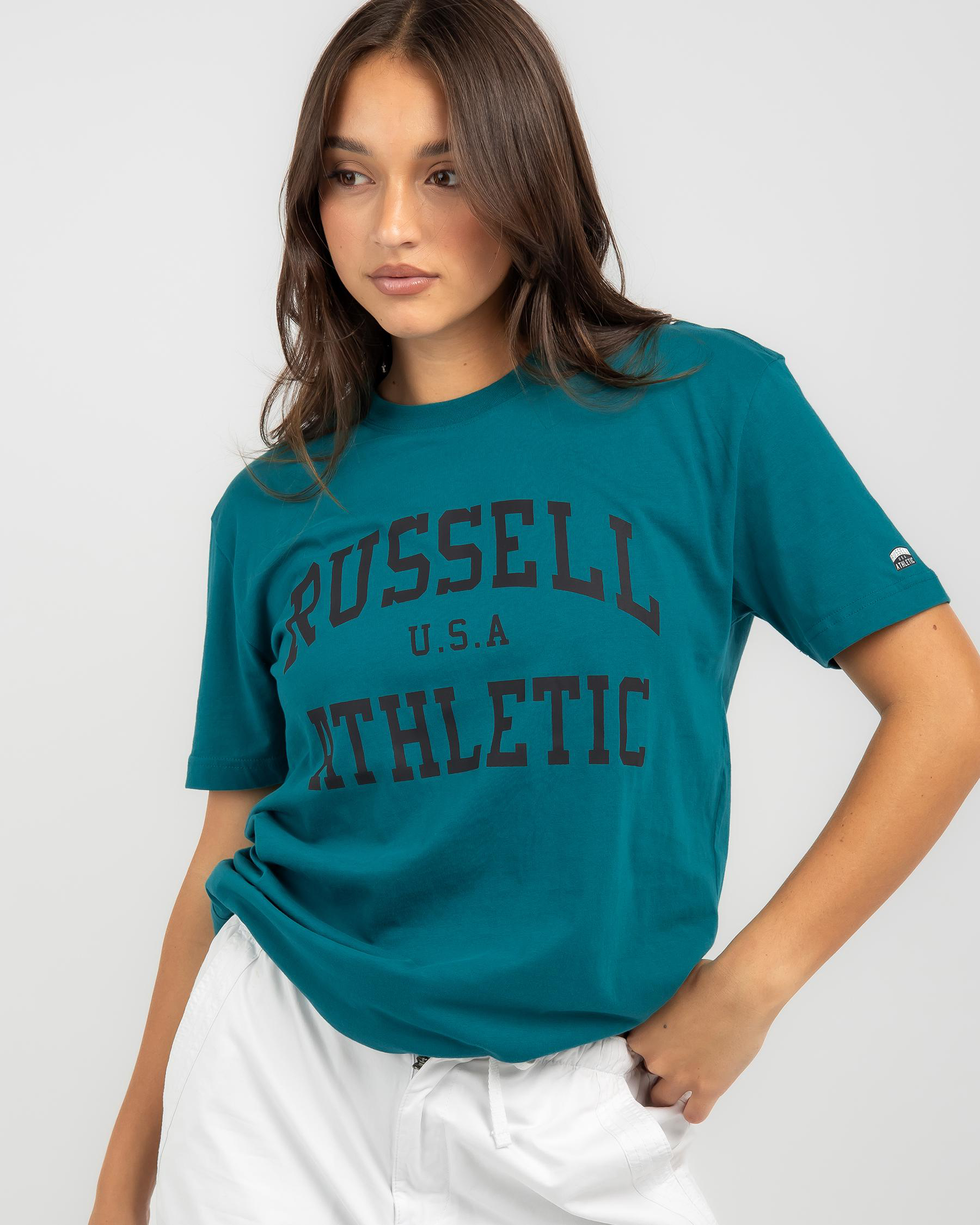 Shop Russell Athletic Arch Logo T-Shirt In Daintree - Fast Shipping ...