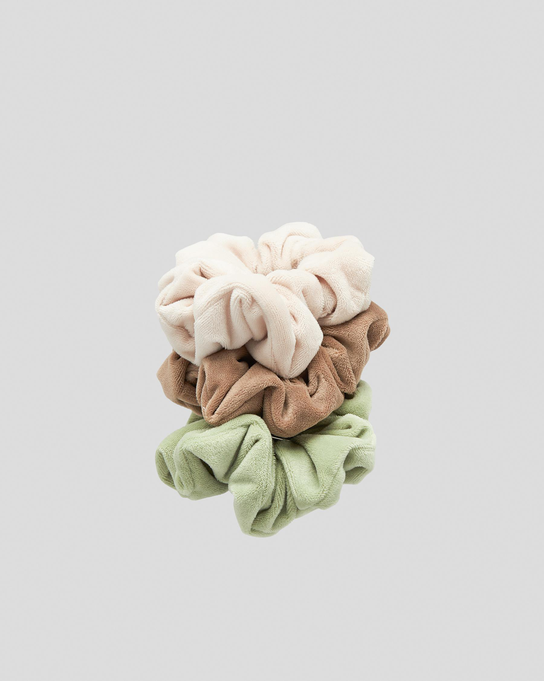 Shop Karyn In LA Velvet Scrunchie Pack In Olive/stone/mushroom - Fast ...