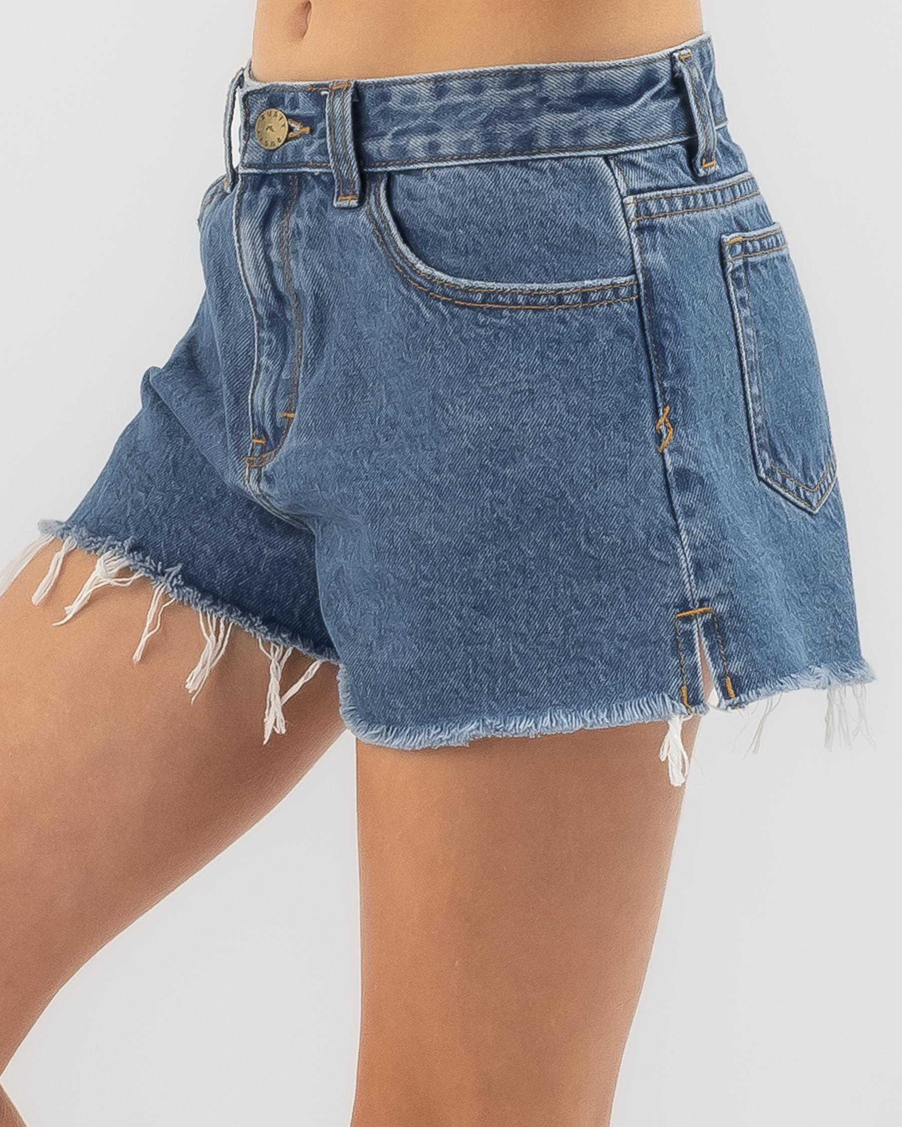 Shop Rusty Girls' Penny Kick Flare Denim Shorts In Sea Blue - Fast ...