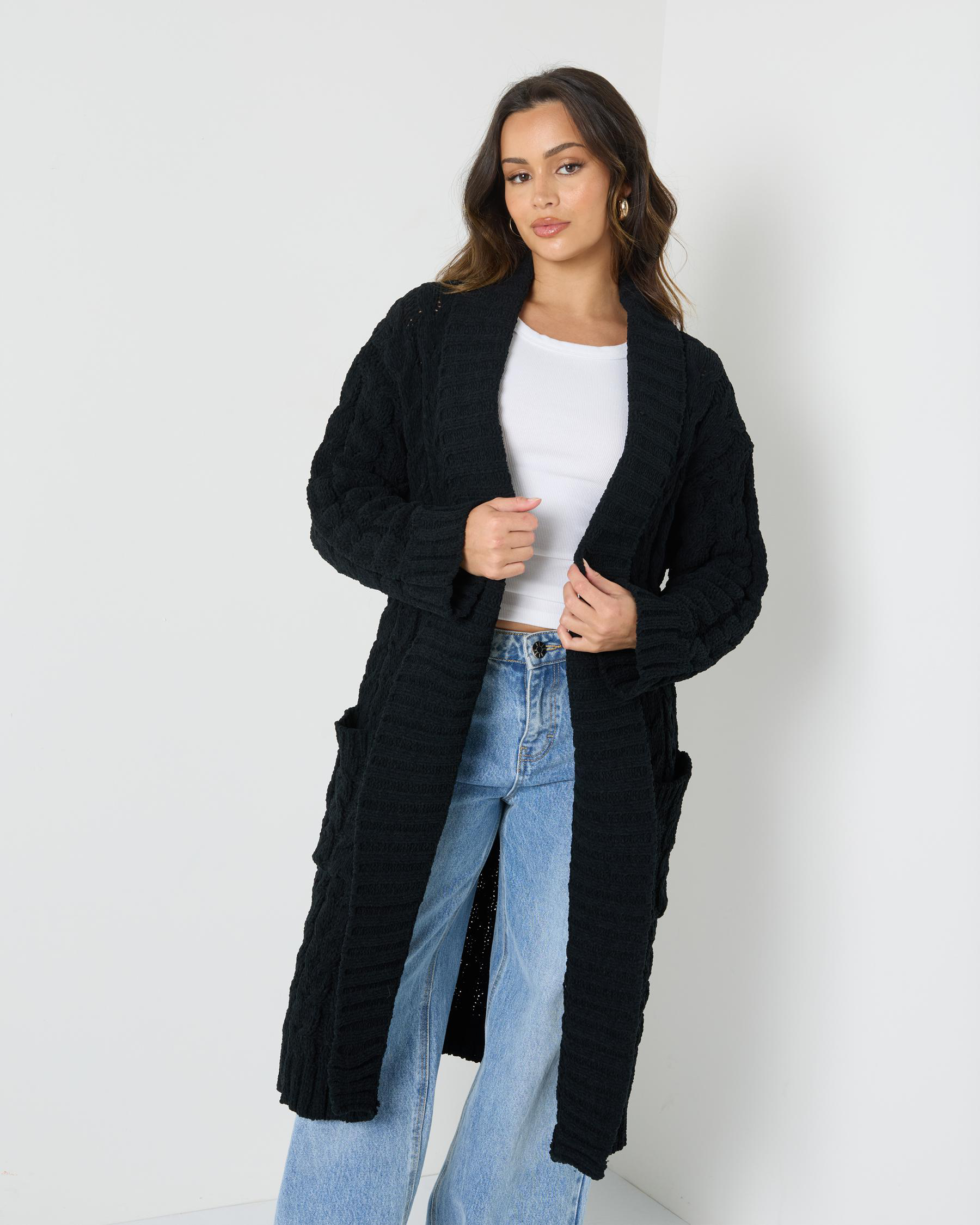 Shop Mooloola Vogue Longline Cable Knit Cardigan In Black - Fast ...