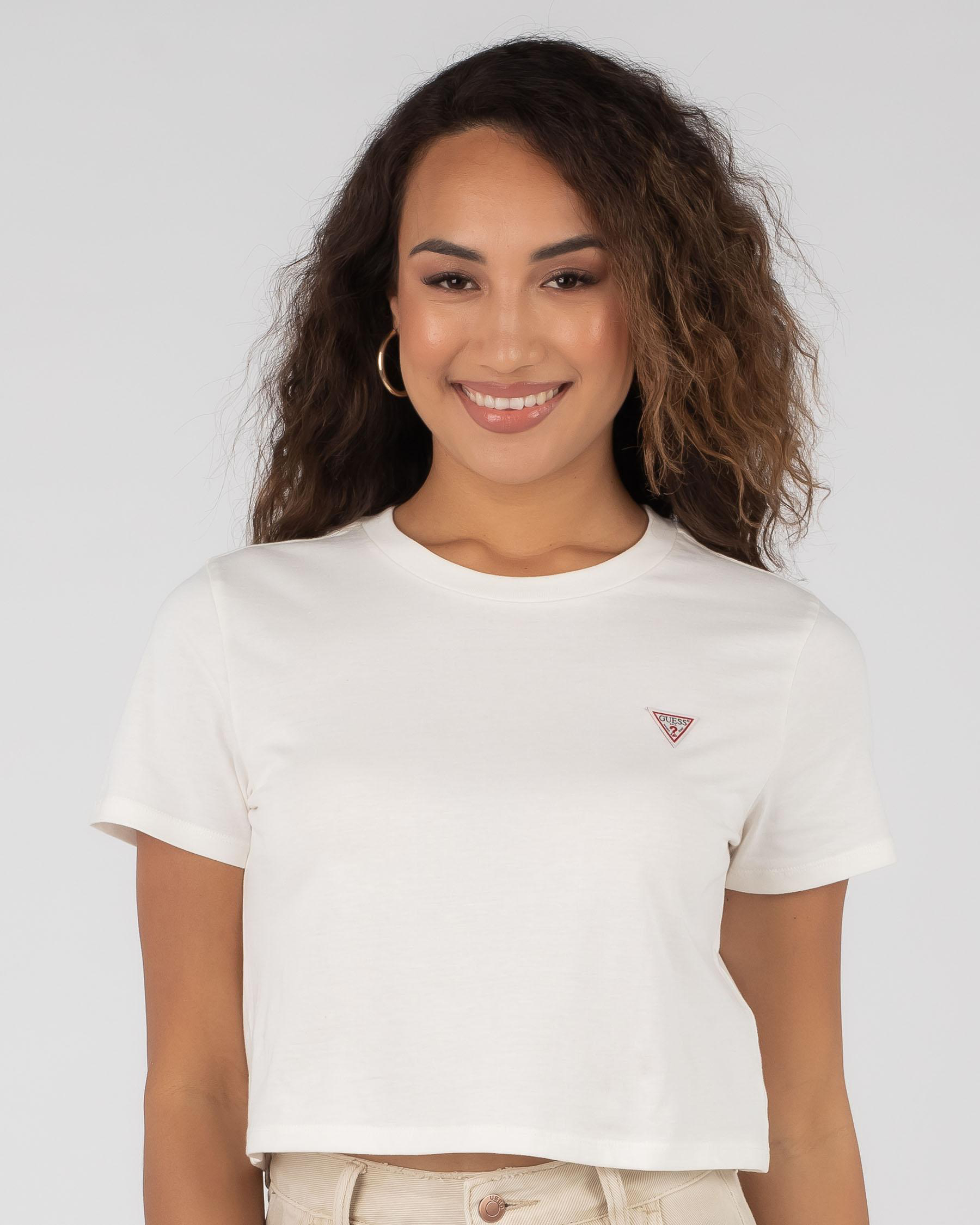 Shop GUESS Jeans Triangle Logo T-Shirt In Frosted White - Fast Shipping ...