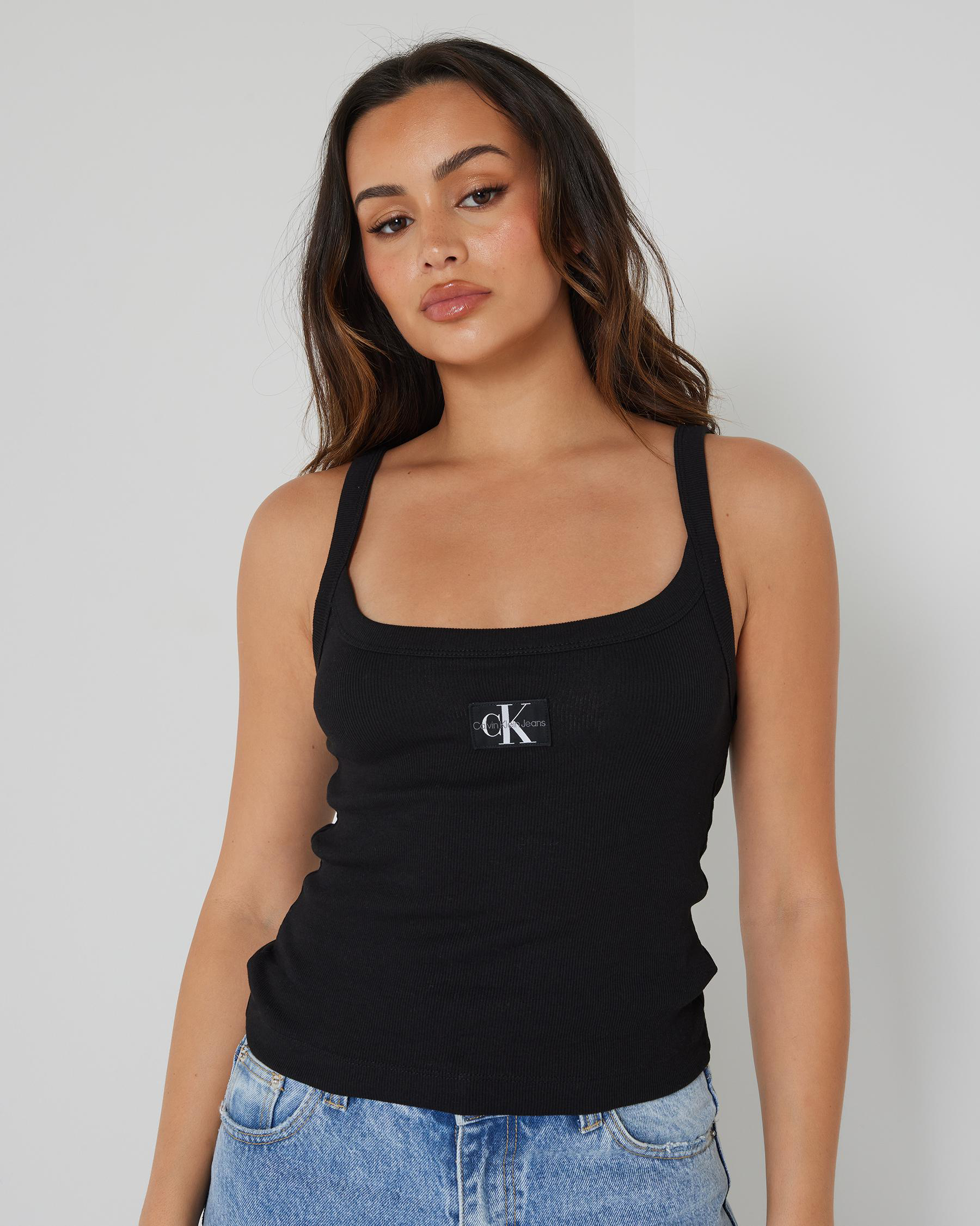 Shop Calvin Klein Woven Label Rib Tank Top In Ck Black - Fast Shipping ...