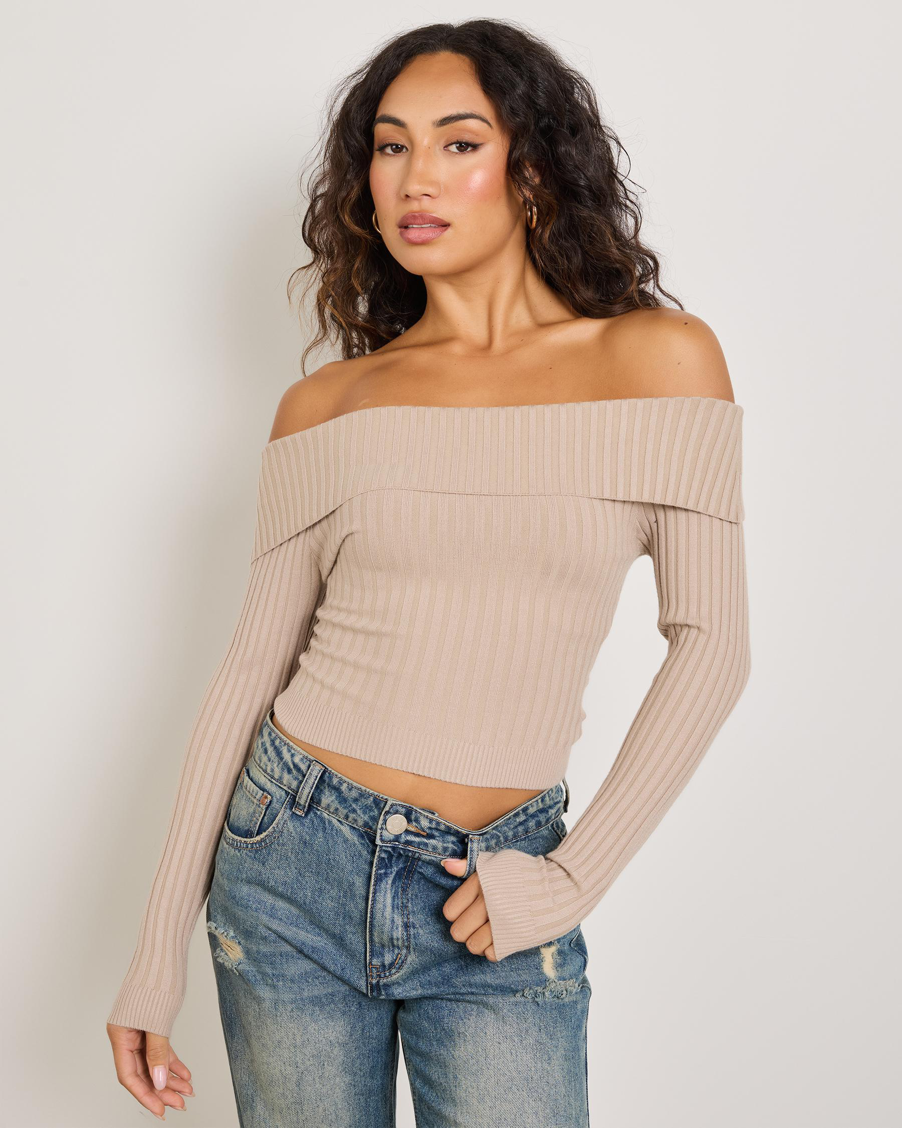 Ava And Ever Ari Off Shoulder Knit Top In Light Taupe - FREE* Shipping ...