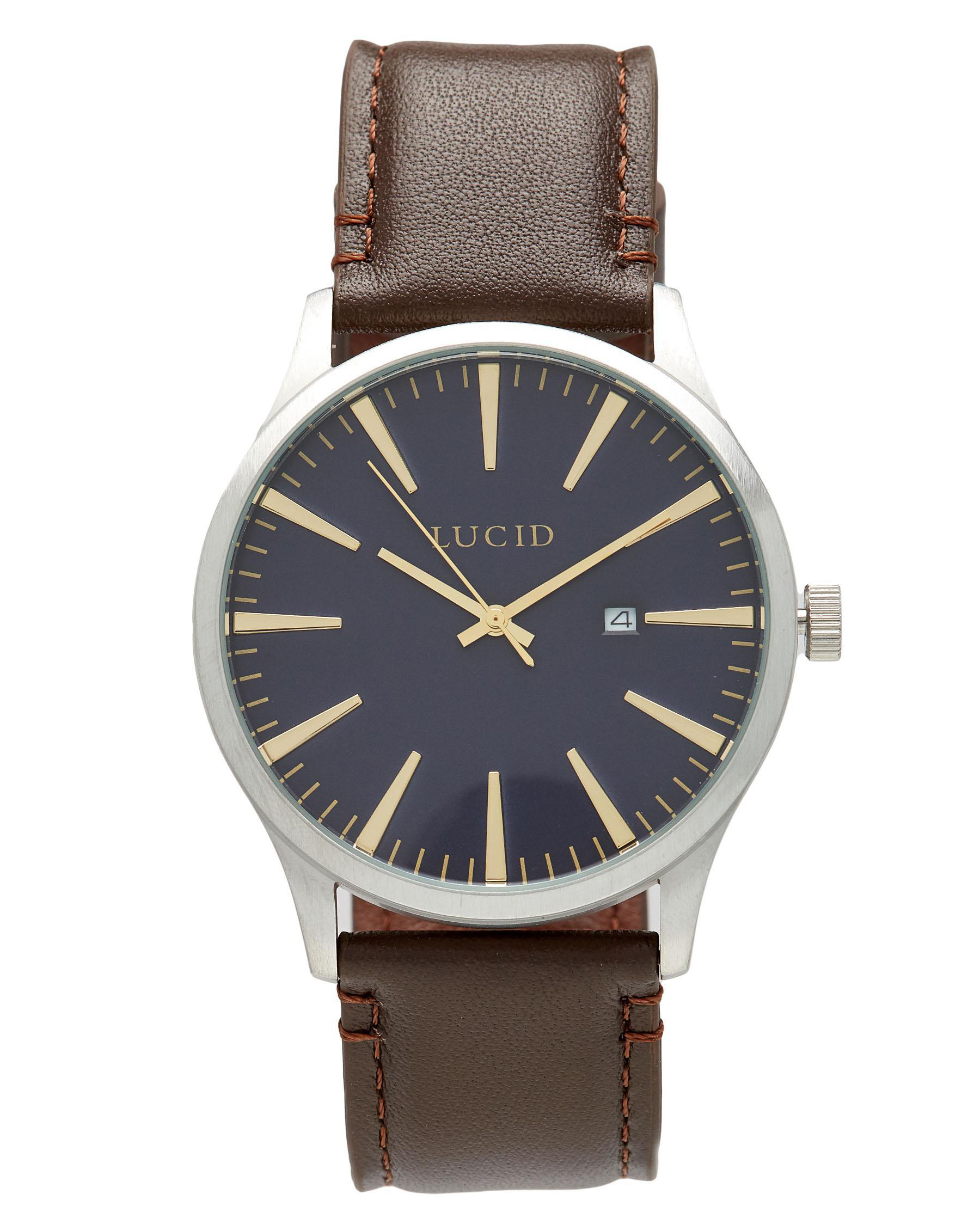 Shop Lucid Shield Leather Watch In Navy/silver/choc/gold - Fast ...