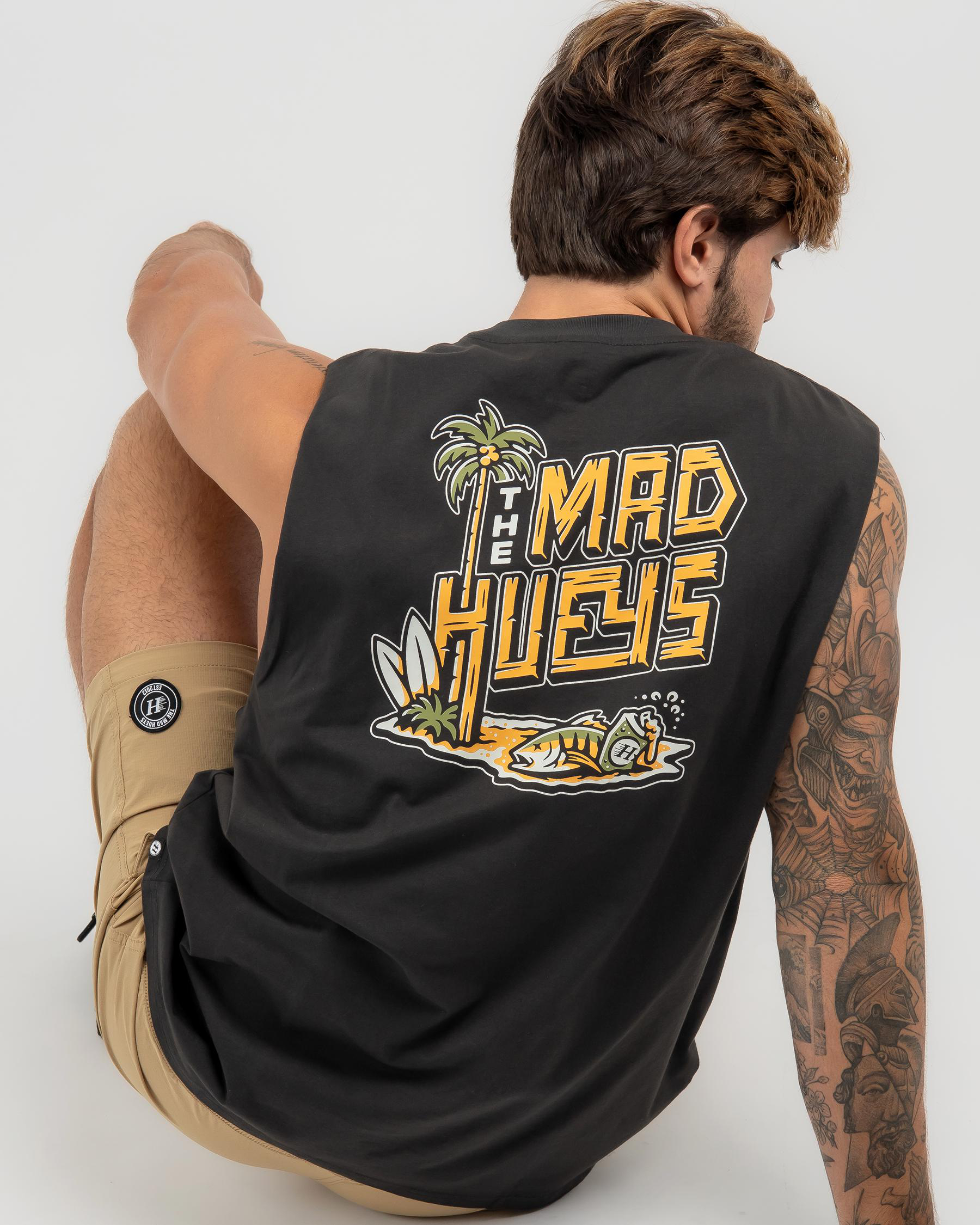 Shop The Mad Hueys Hueys Beach Club Muscle Tank In Vintage Black - Fast ...