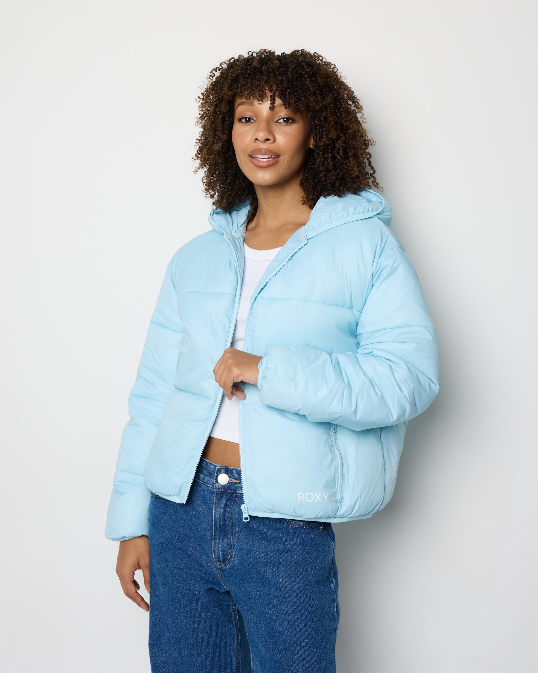 Shop Roxy Keep On Rolling Hooded Puffer Jacket In Cool Blue - Fast ...