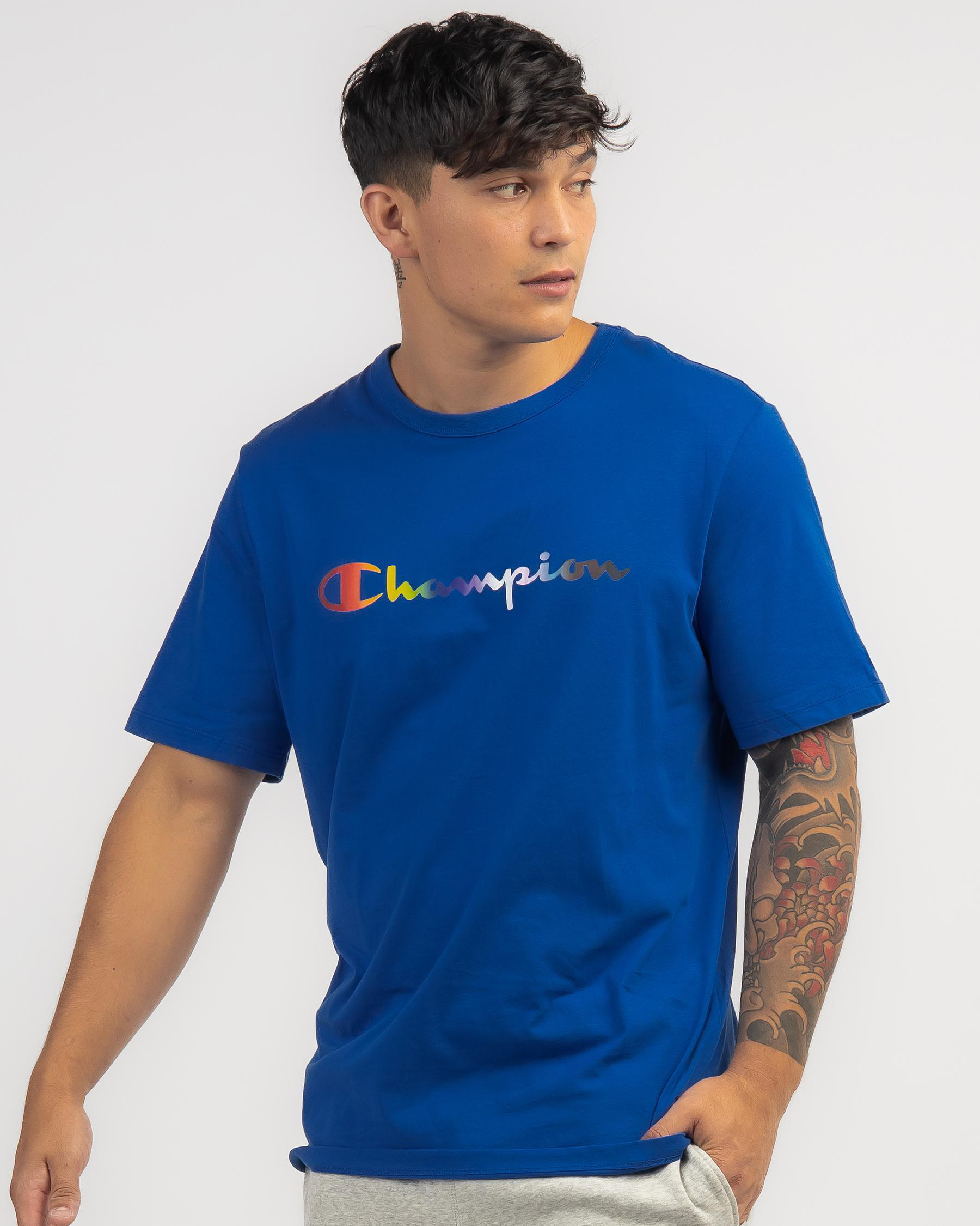 Shop Champion Athletic Pride Script T-Shirt In Blue Believer - Fast ...