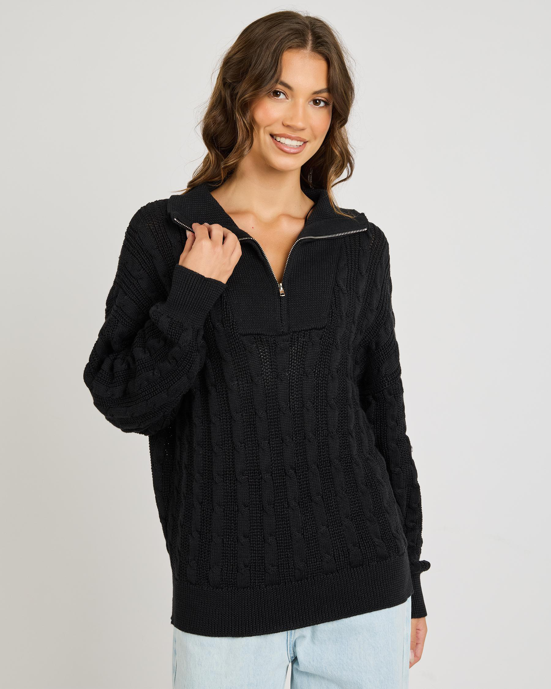 Mooloola Judy Half Zip Collared Cable Knit Jumper In Black - FREE ...