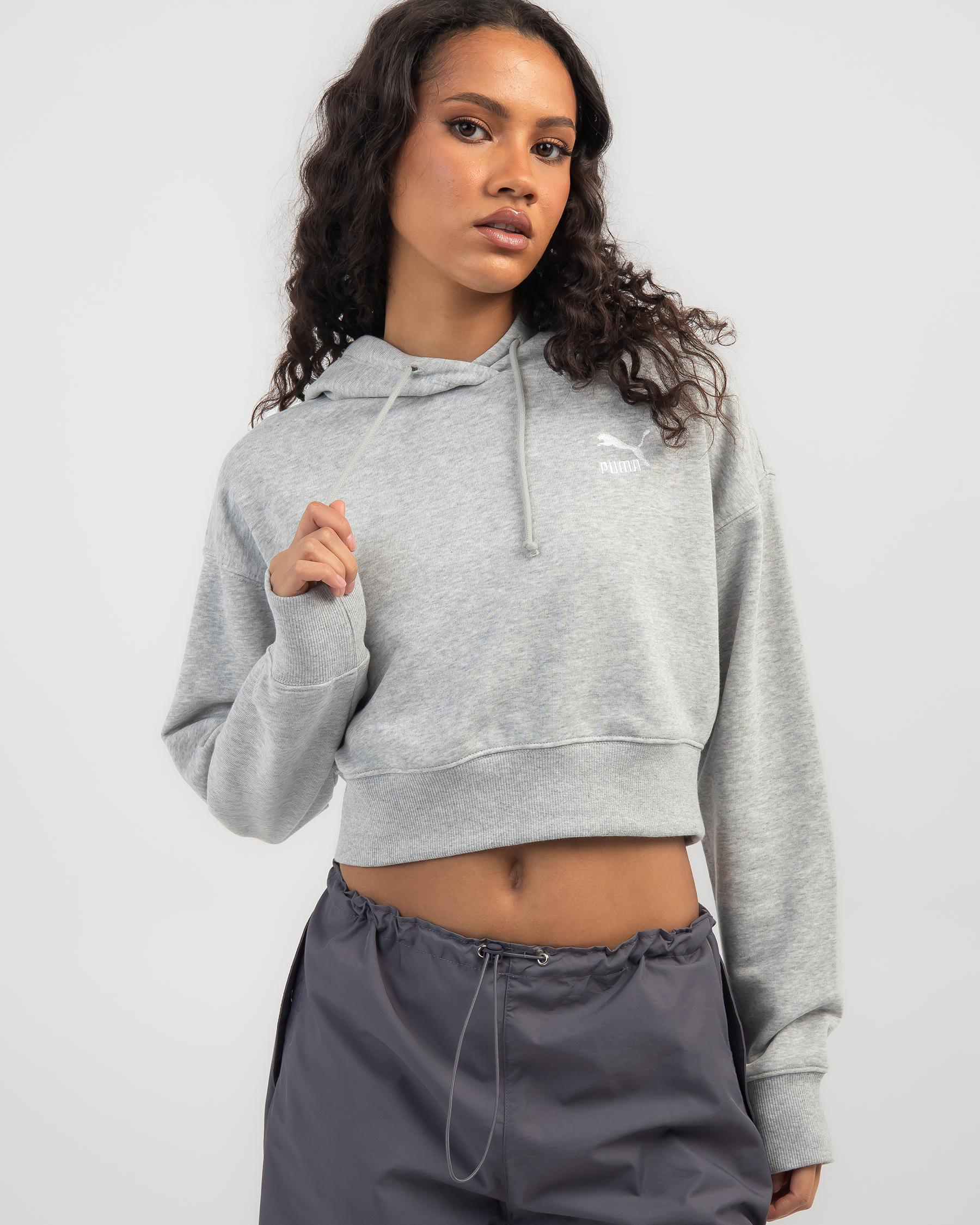 Shop Puma Cropped Hoodie In Light Grey Heather - Fast Shipping & Easy ...