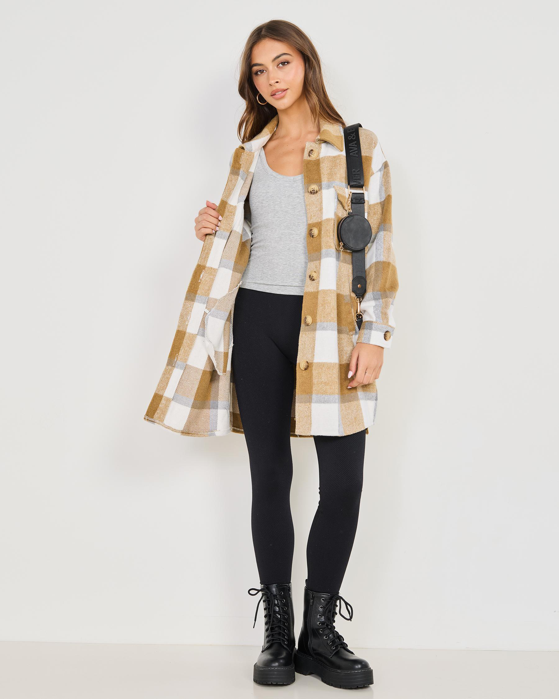 Shop Ava And Ever Arlo Long Shacket In Cream/tan-grey - Fast Shipping ...