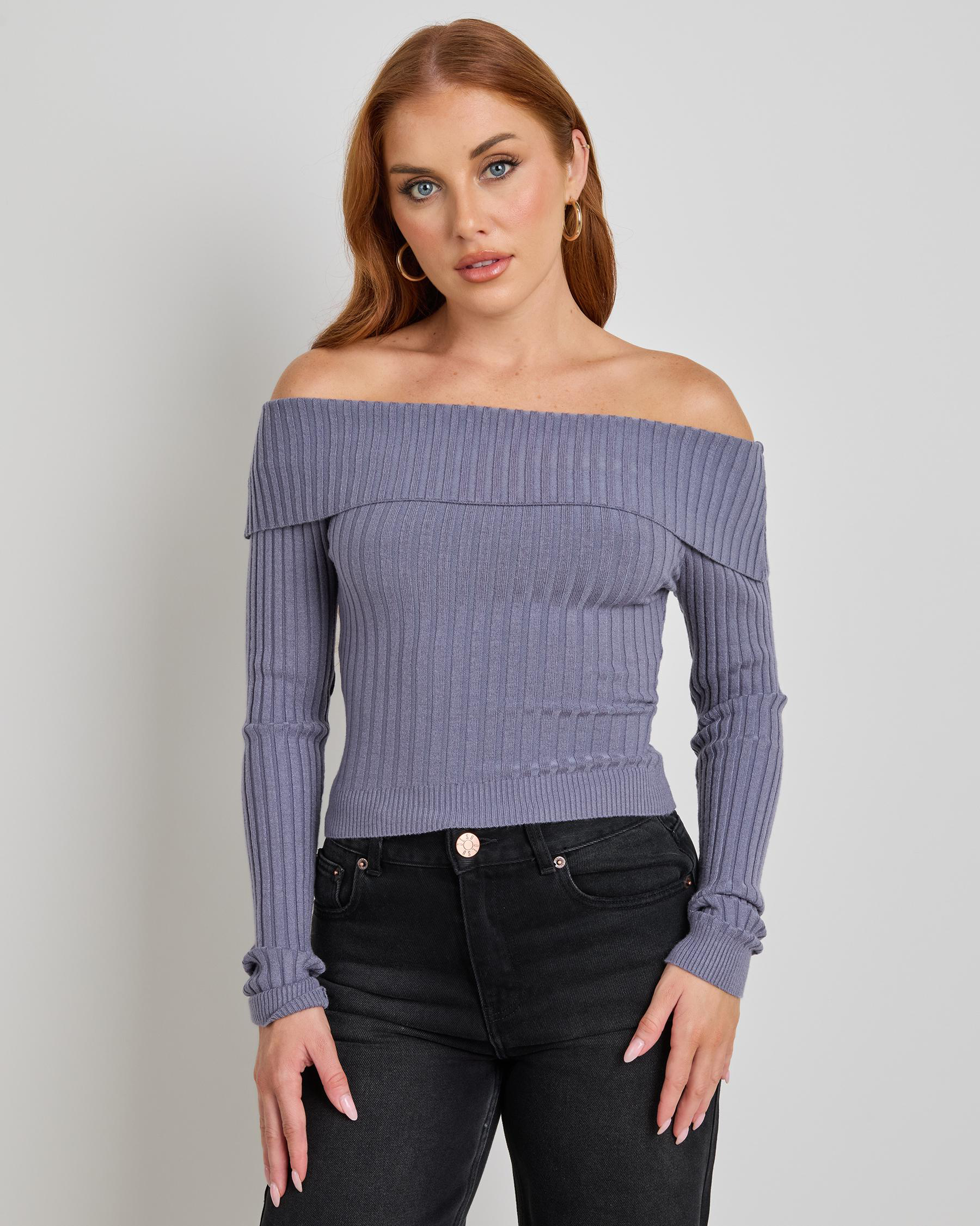Shop Ava And Ever Ari Off Shoulder Knit Top In Steel Blue - Fast ...
