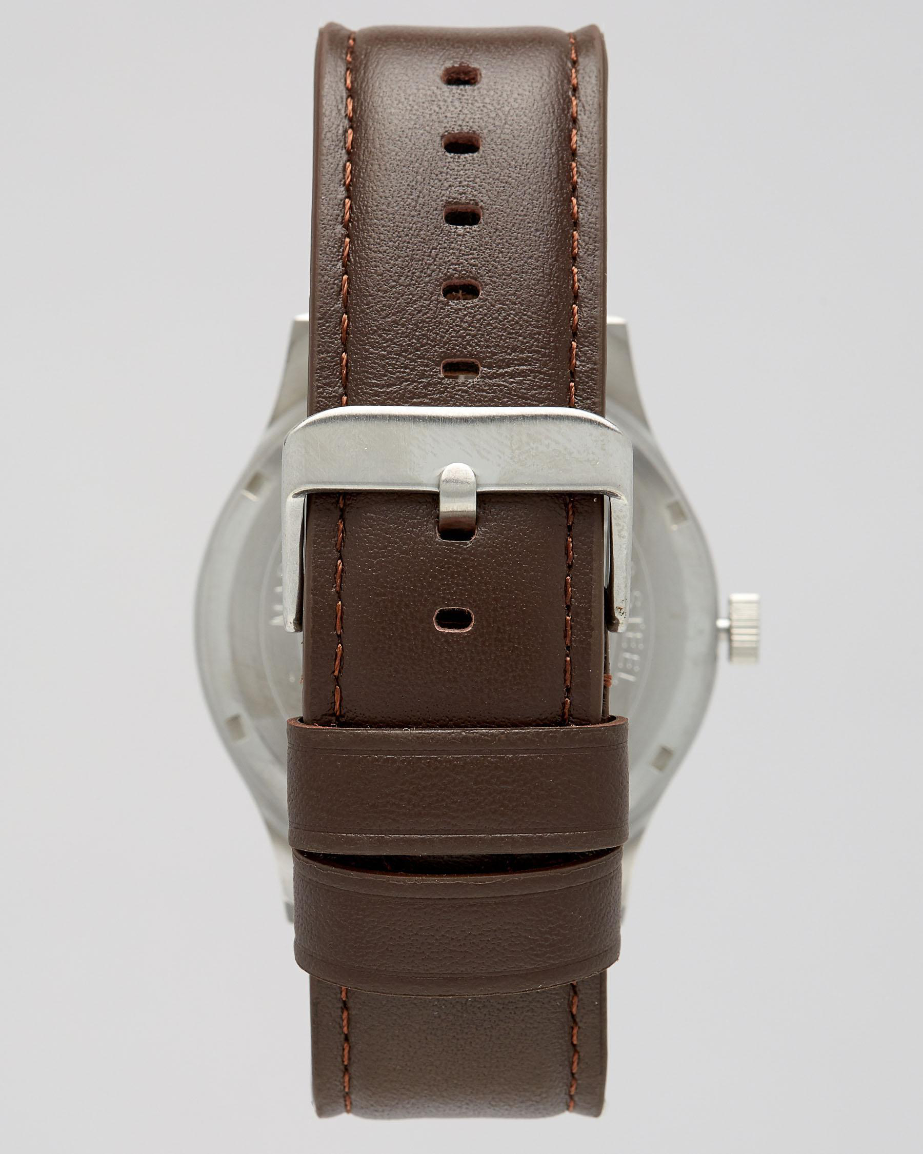 Shop Lucid Shield Leather Watch In Navy/silver/choc/gold - Fast ...
