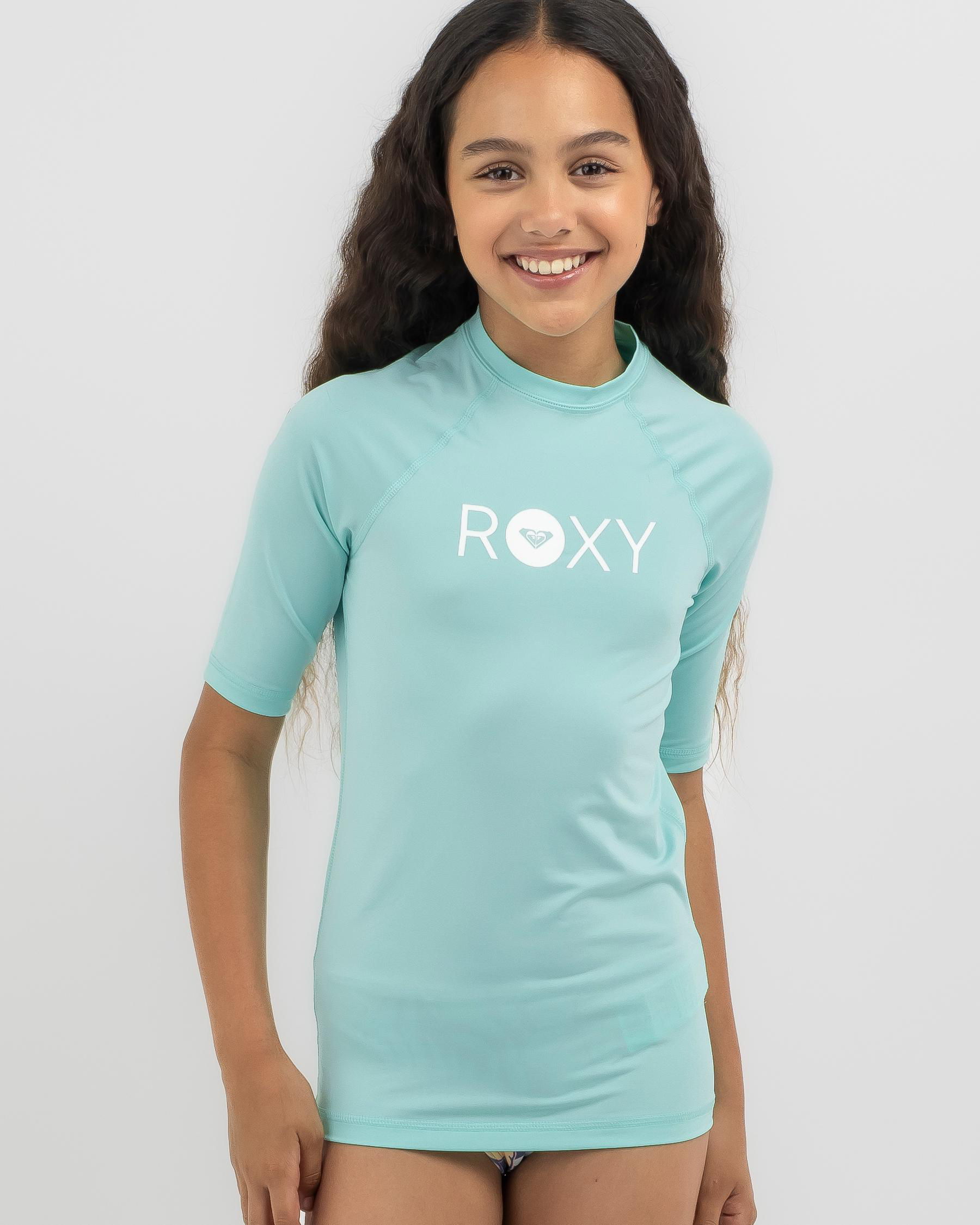 Shop Roxy Girls' Essential Short Sleeve Rash Vest In Aruba Blue - Fast ...
